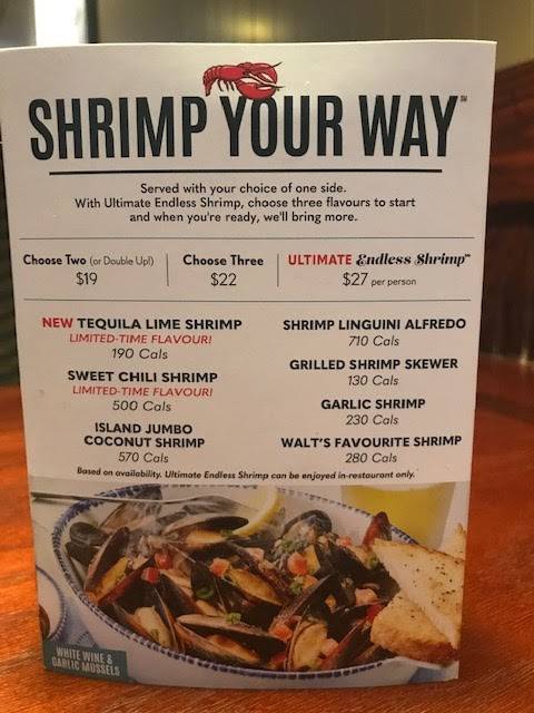 Menu at Red Lobster restaurant, Calgary, Macleod Trail SW