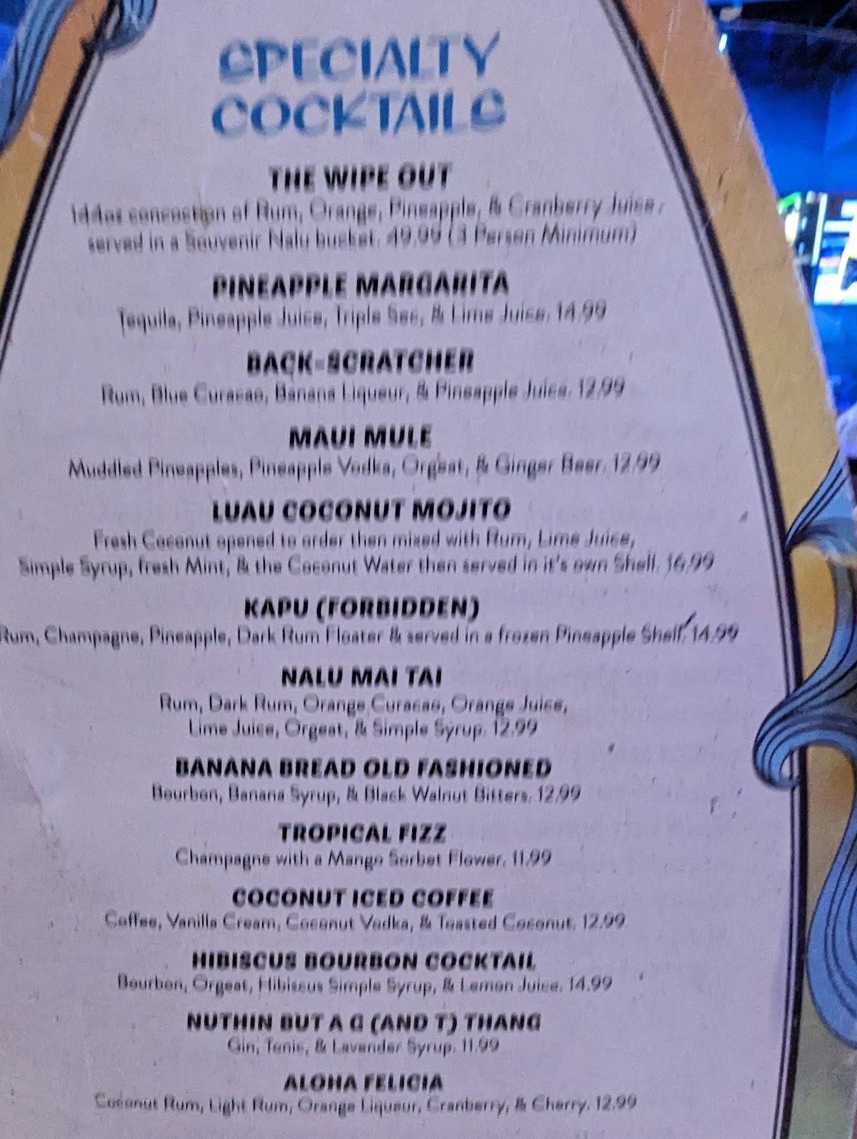Menu at Nalu restaurant, Rehoboth Beach