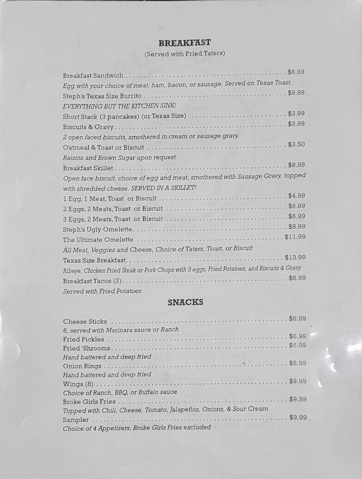 Menu at 5 Broke Girls restaurant, Horse Cave
