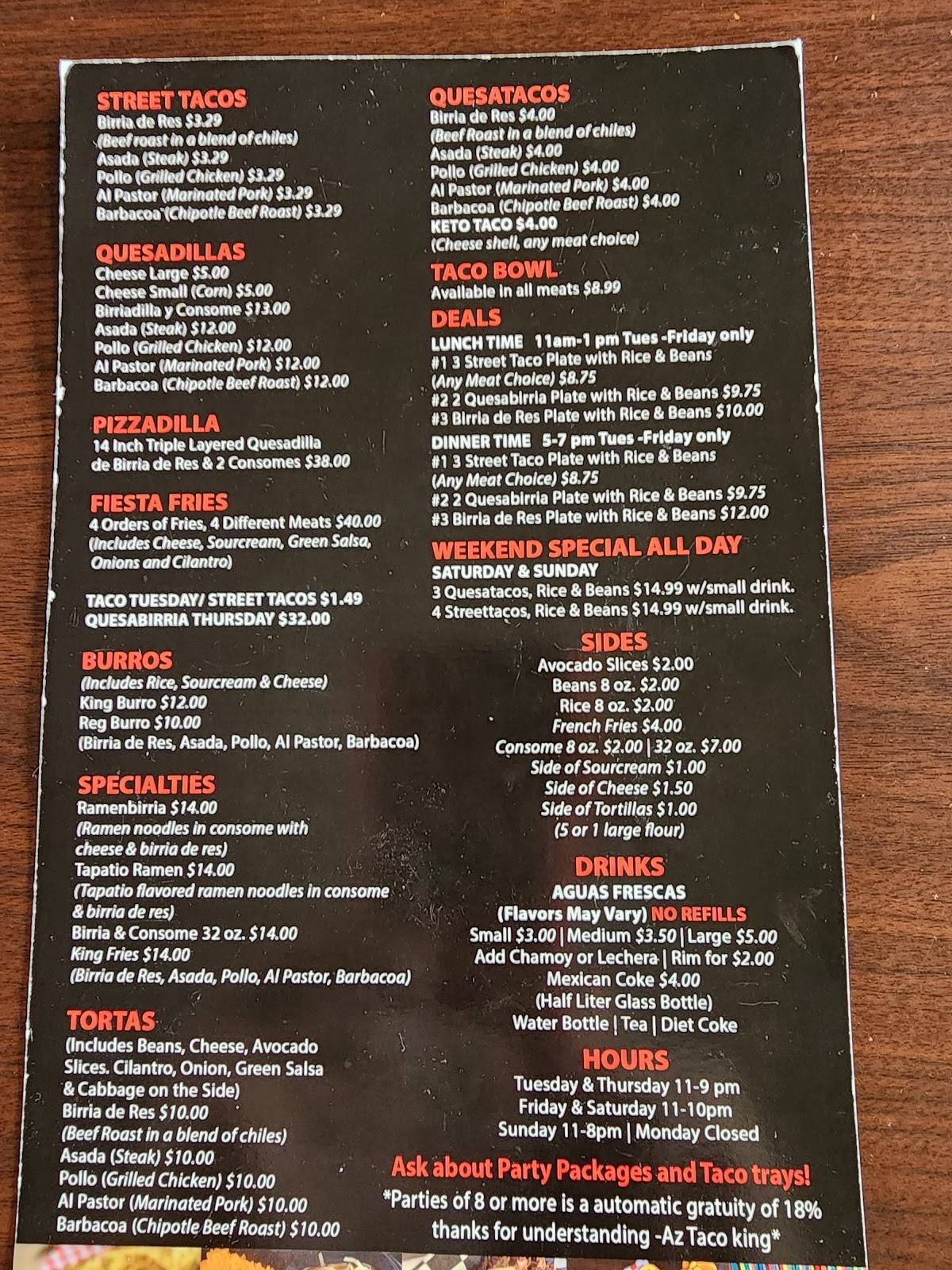 Menu at AZ Taco King Phoenix restaurant, Phoenix