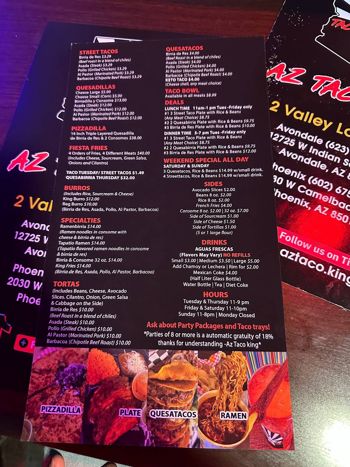 Menu at AZ Taco King Phoenix restaurant, Phoenix