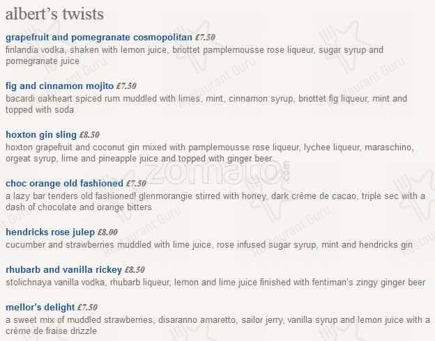 Menu at Albert’s Didsbury Restaurant & Bar, Manchester