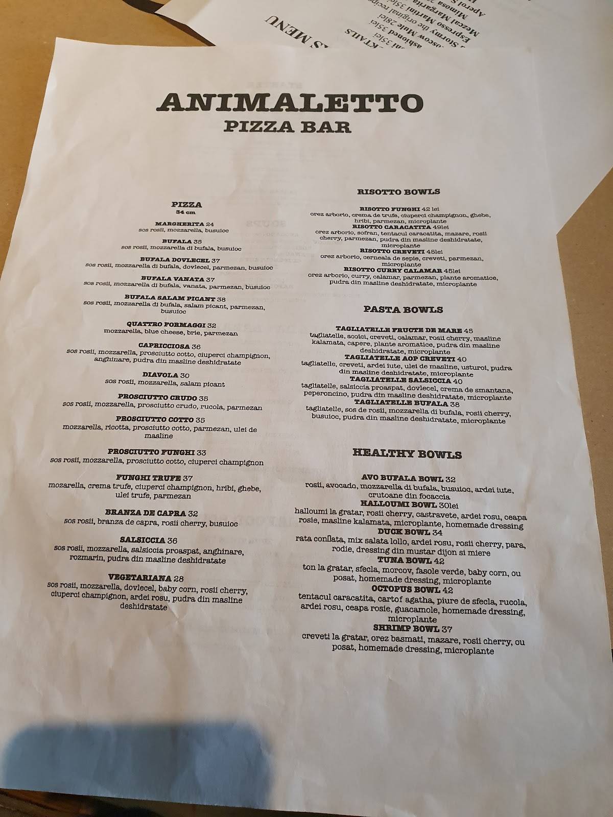 Menu at Animaletto Pizza Bar, Bucharest
