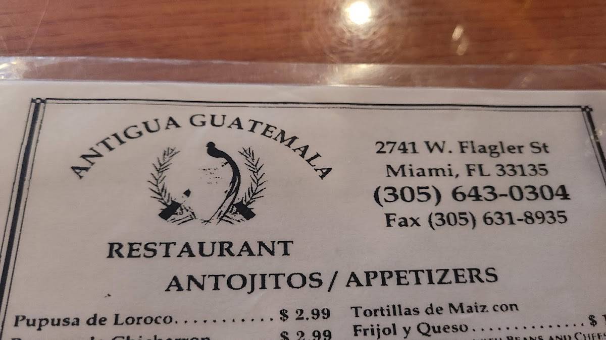 Menu at Antigua Guatemala Restaurant, Miami
