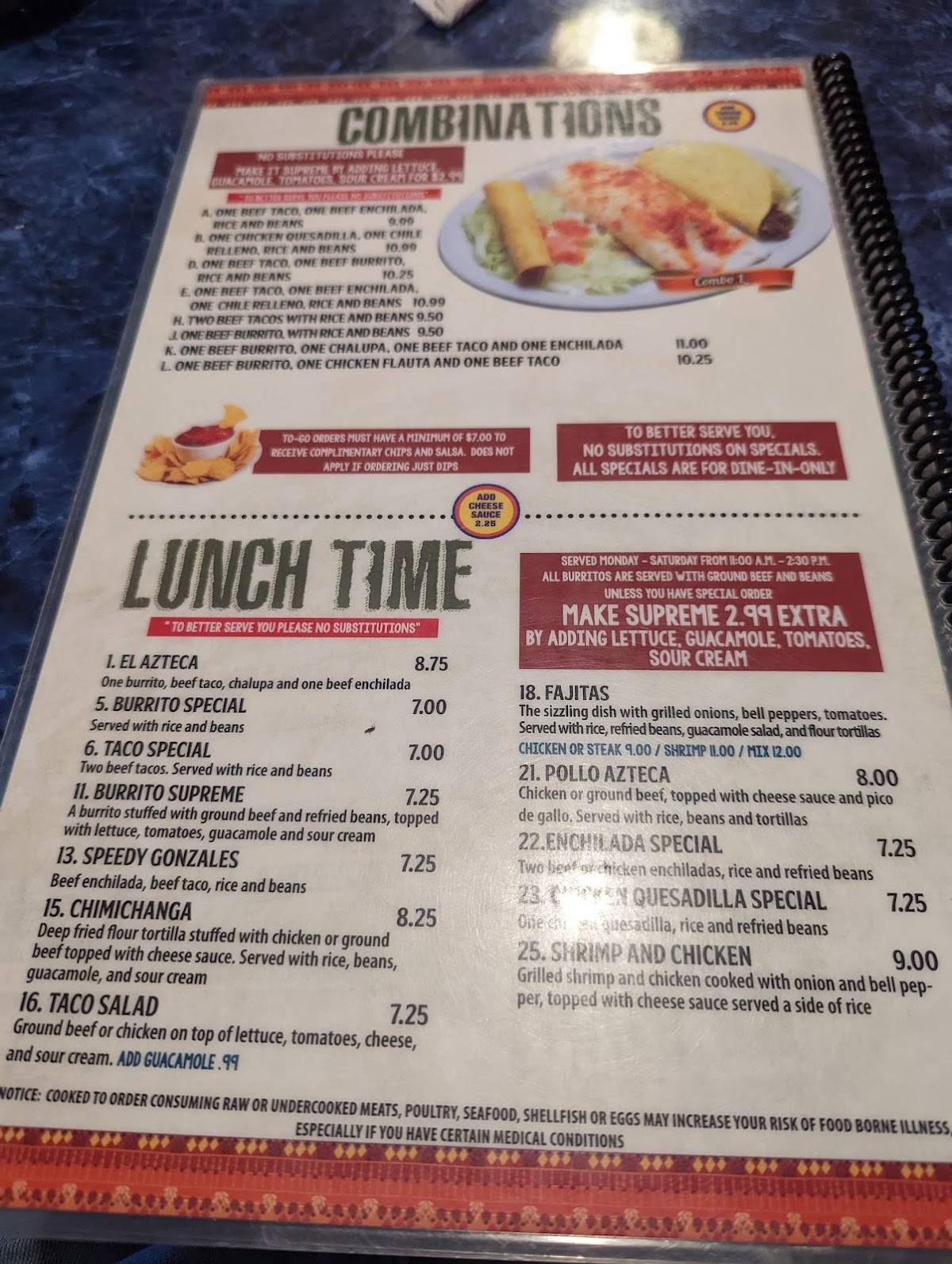 Menu at Aztecas Mexican Grill restaurant, Pell City