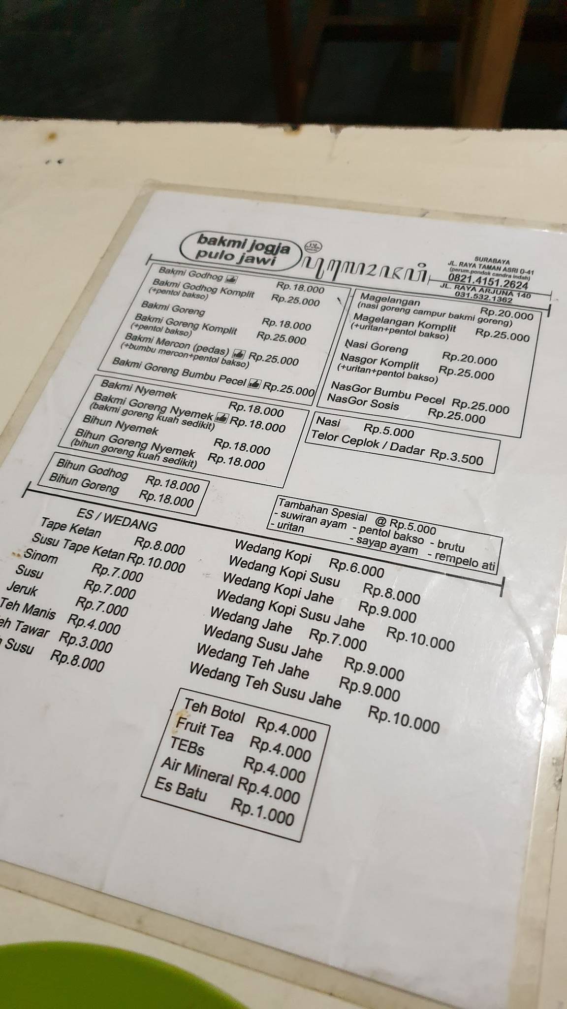 Menu at BAKMI PULO JAWI restaurant, Surabaya