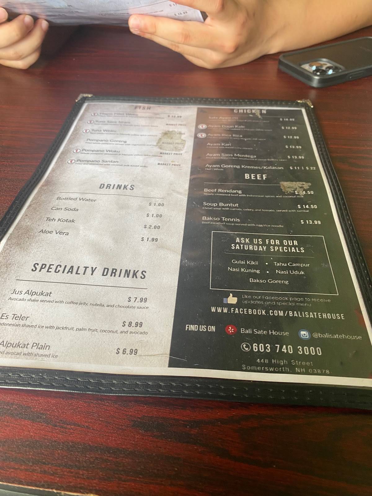 Menu at Bali Sate House restaurant, Somersworth
