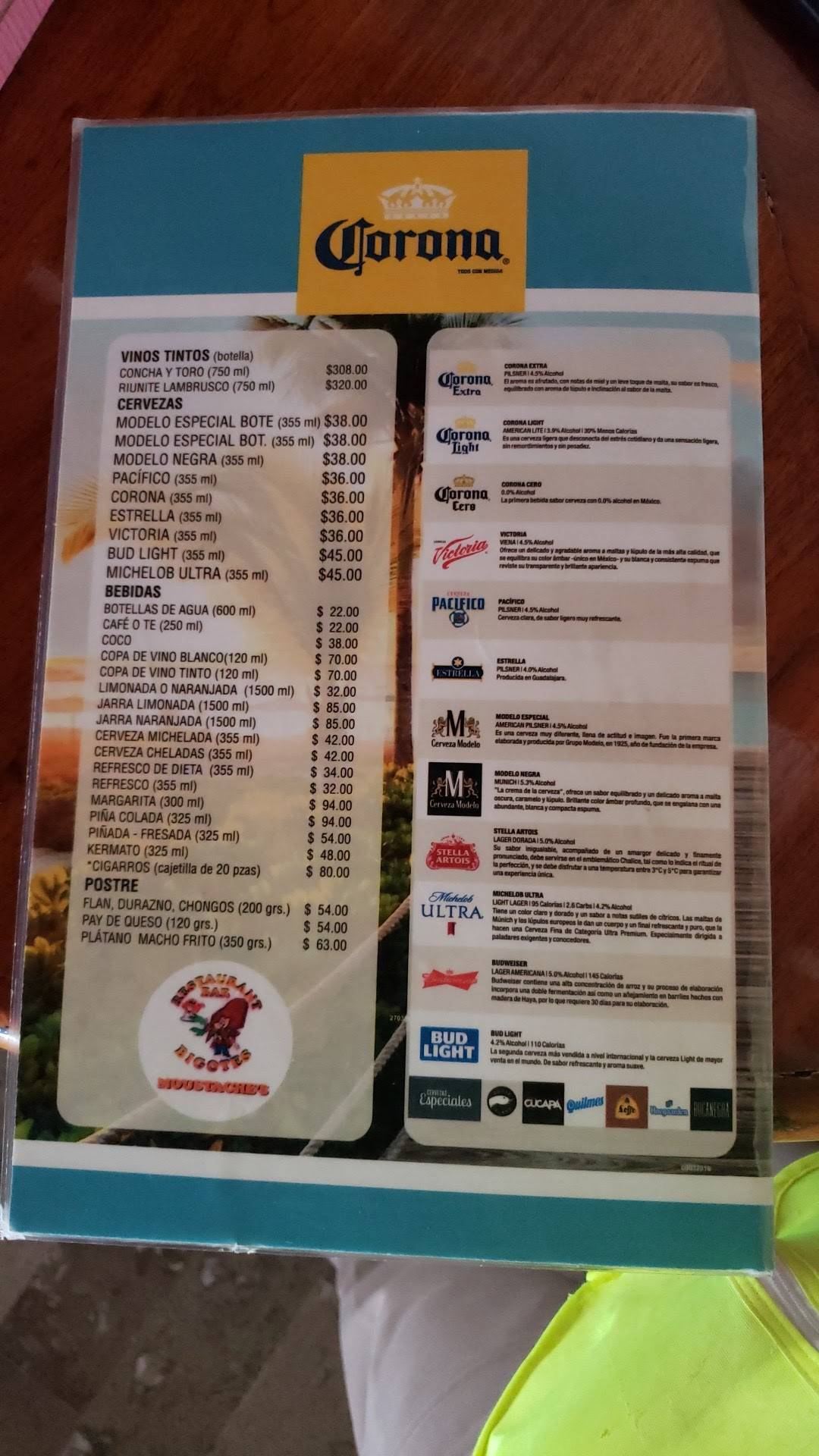 Carta de Restaurant Bigotes, Manzanillo, Puesta del Sol 3