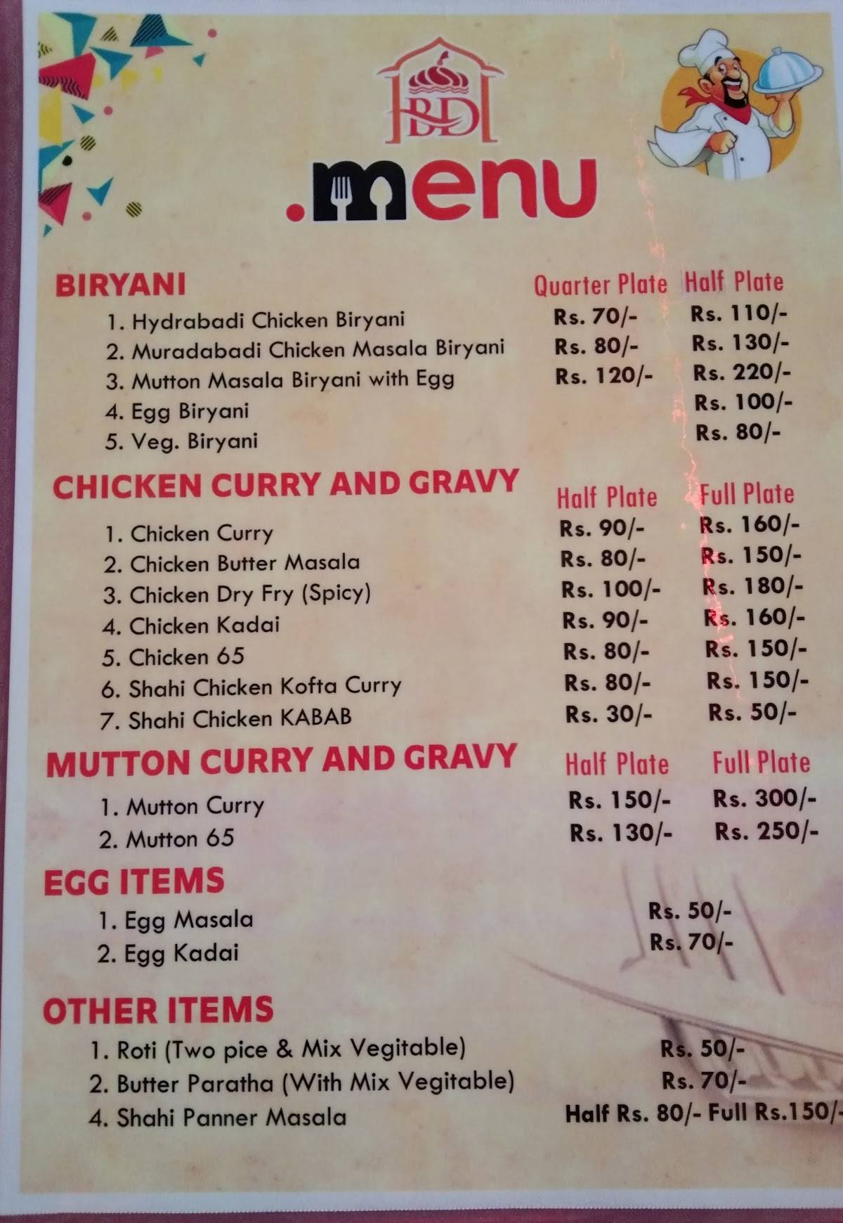 Menu at Biryani Darbar, Golaghat