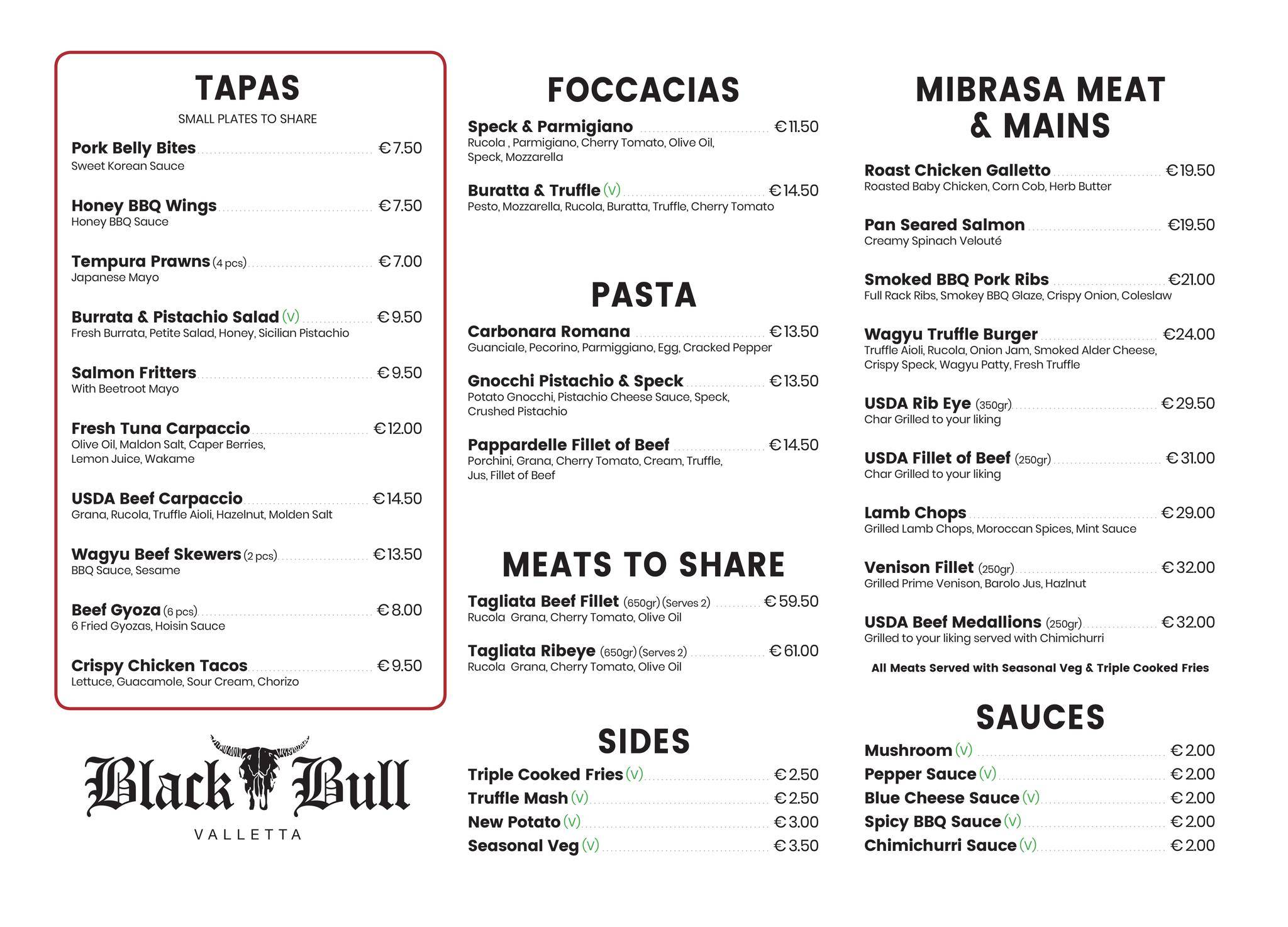 Menu at Black Bull restaurant, Valletta