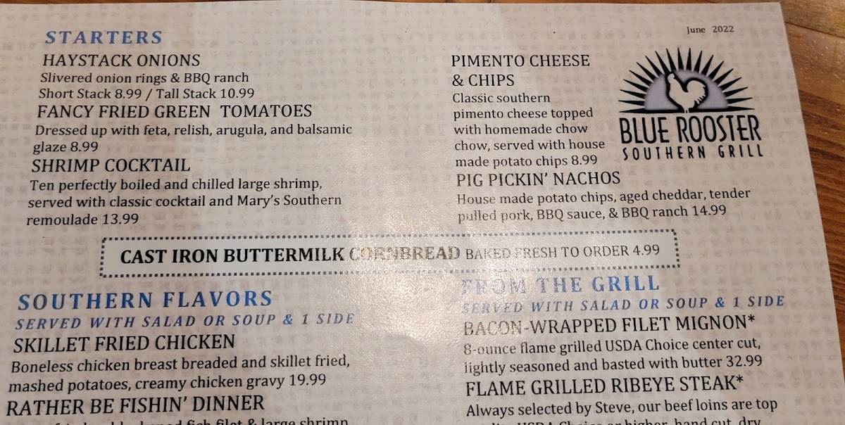 Menu at Blue Rooster Southern Grill restaurant, Lake Junaluska
