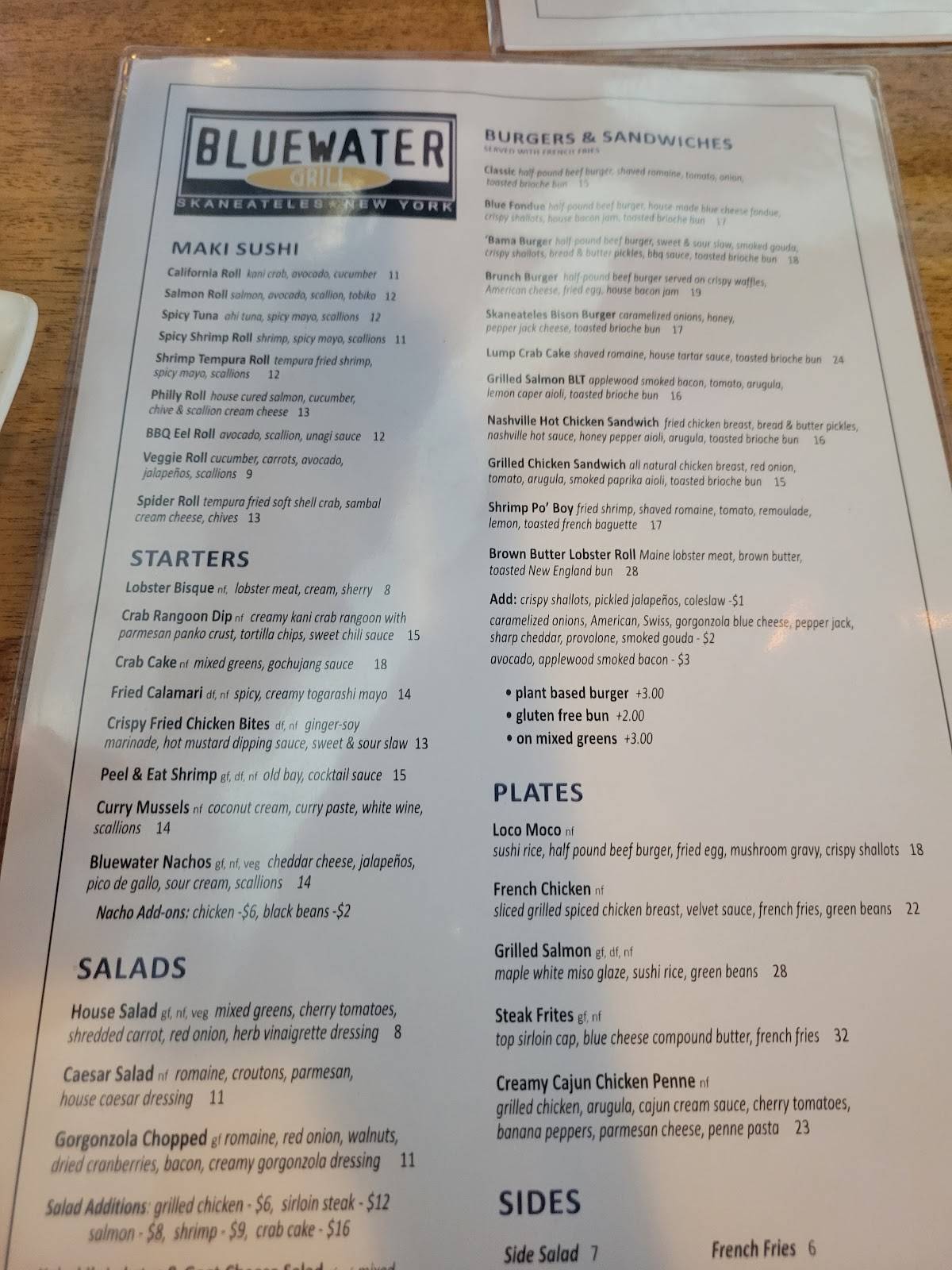 Menu at Blue Water Grill restaurant, Skaneateles