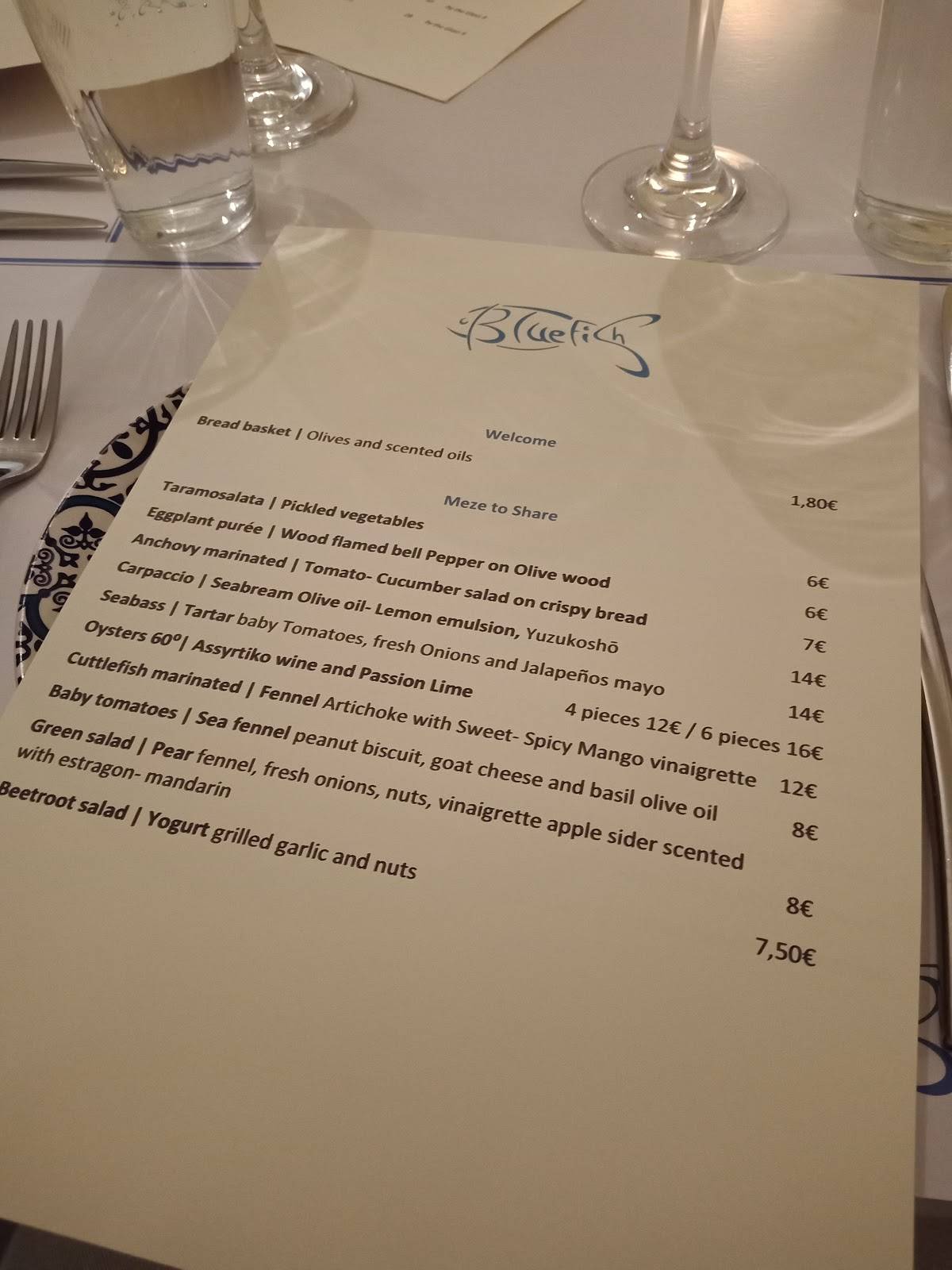 Menu at BlueFish Athens, Athens