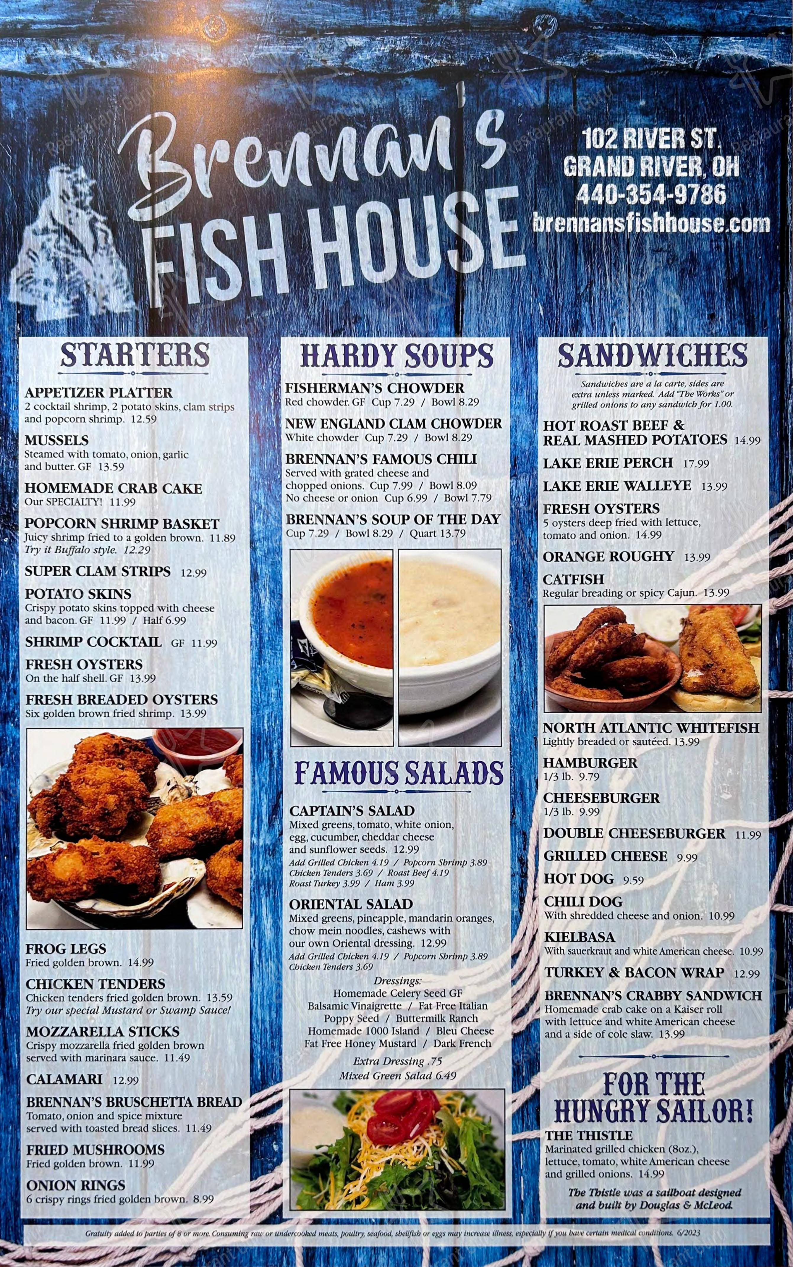 Menu at Brennan's Fish House restaurant, Grand River, 102 River St