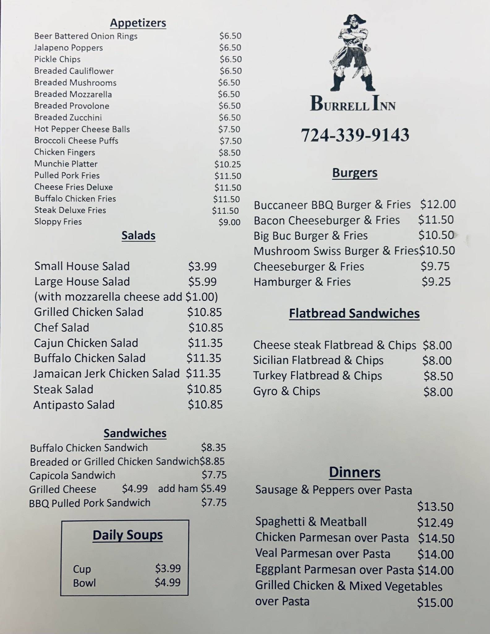 Menu at Burrell Inn restaurant, Lower Burrell