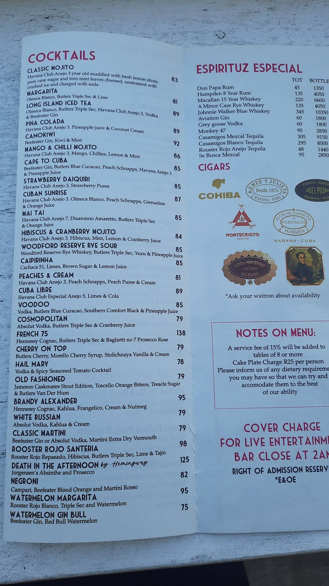 Menu at Cape to Cuba restaurant, Cape Town, 165 Main Rd
