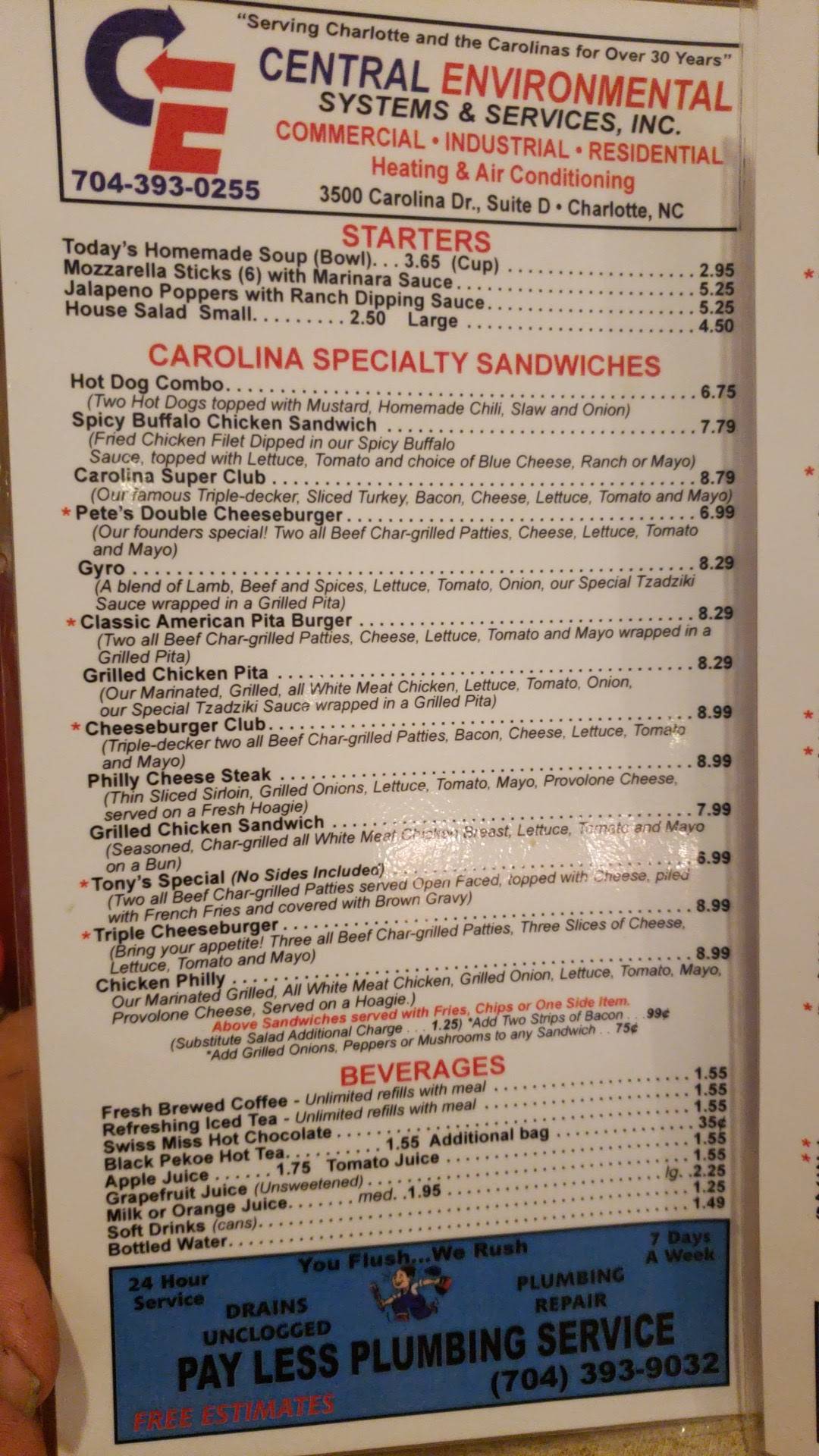 Menu at Carolina Family Restaurant, Charlotte, Wilkinson Blvd