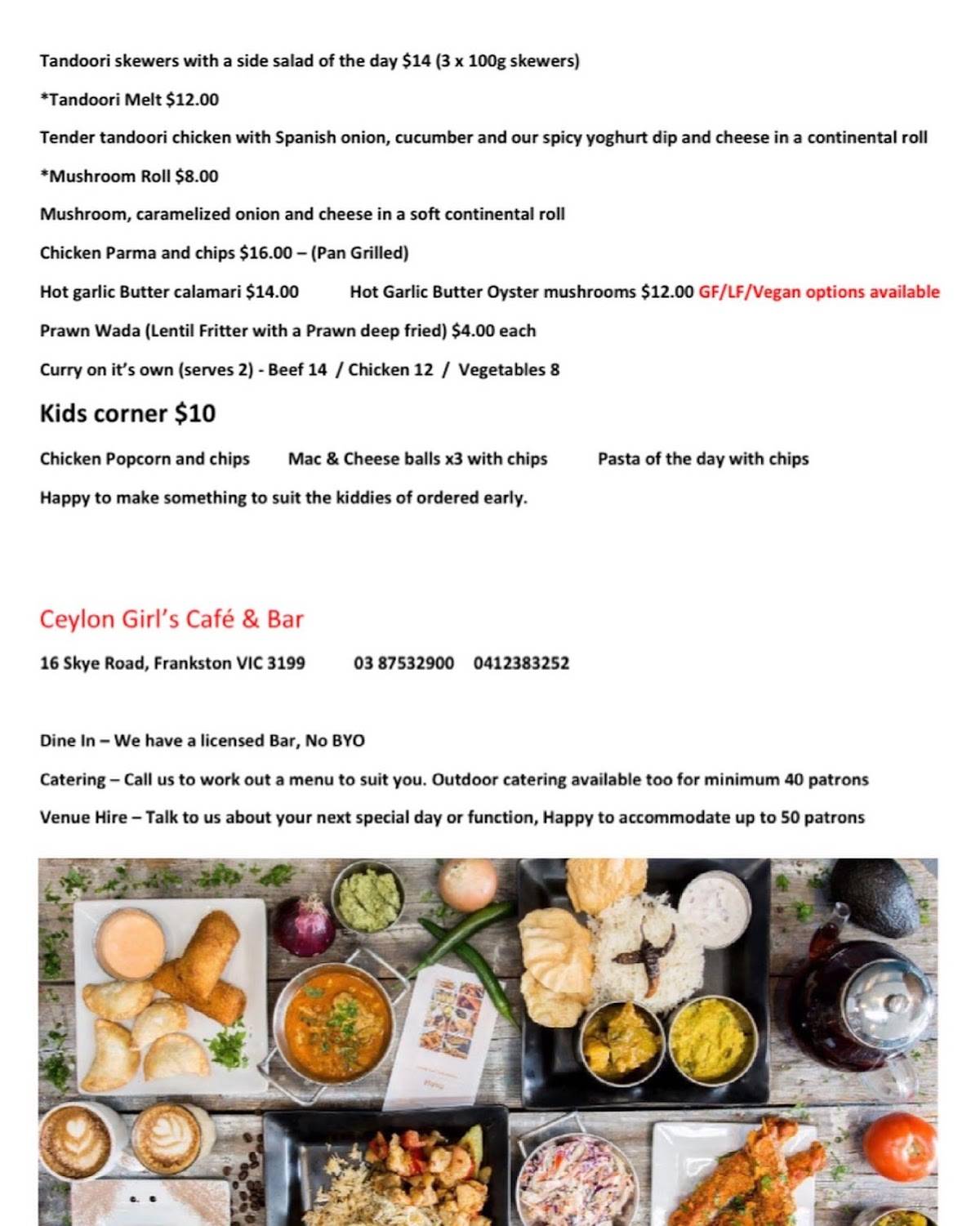 Menu at Ceylon Girl's restaurant, Frankston