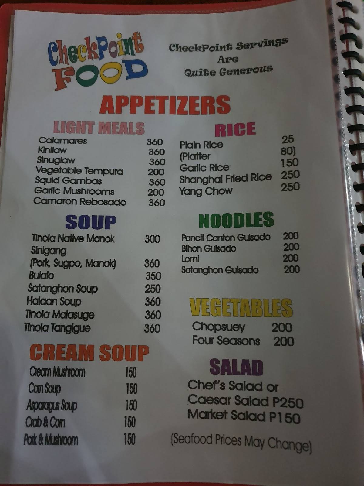 Menu at CheckPoint Camiguin restaurant, Mambajao, Yumbing