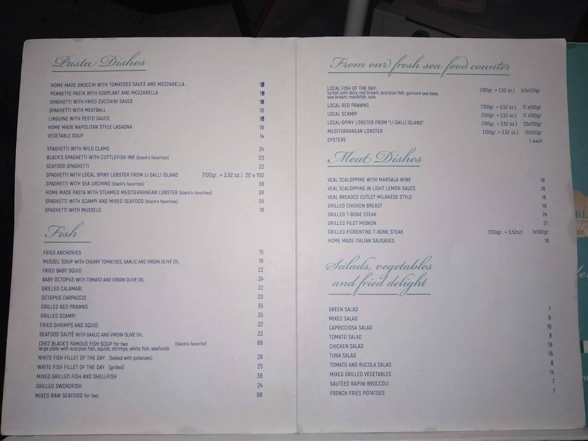 Menu at Chez Black restaurant, Positano