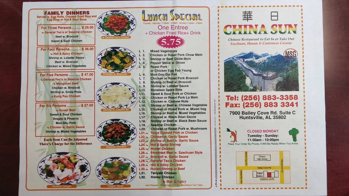Menu at China Sun restaurant, Huntsville