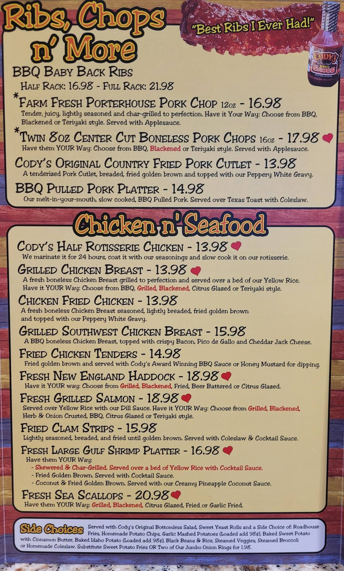 Menu at Cody's Original Roadhouse - Ocala, FL restaurant, Ocala, SW ...