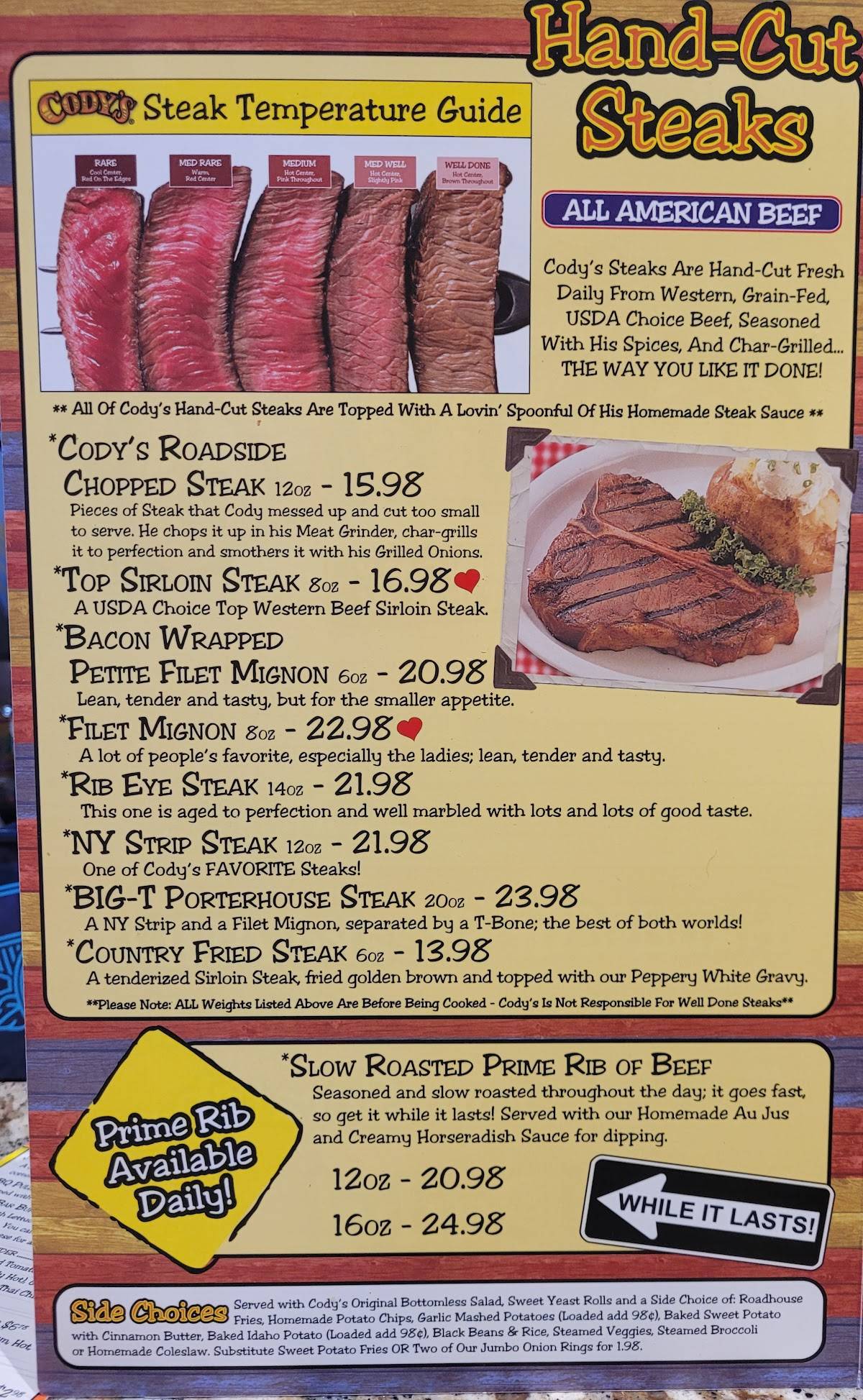 Menu at Cody's Original Roadhouse - Ocala, FL restaurant, Ocala, SW ...
