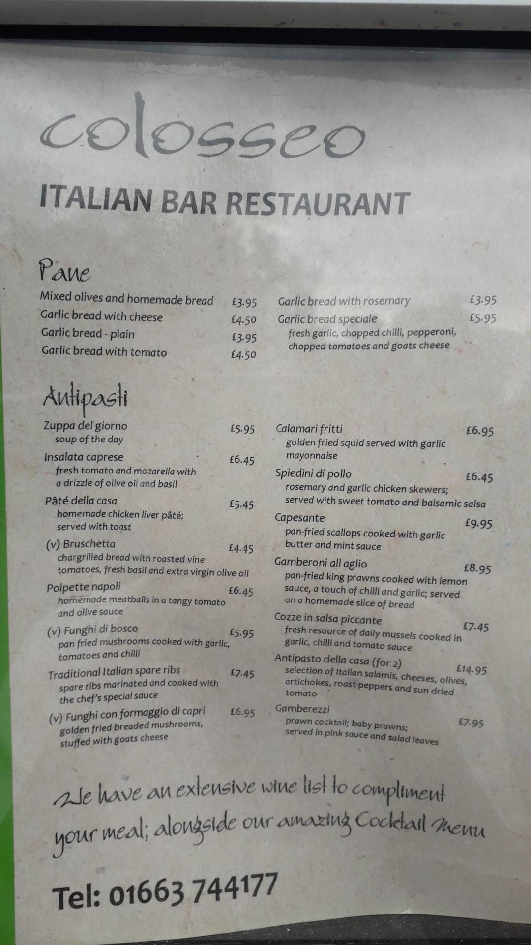 Menu at Colosseo restaurant, Birch Vale