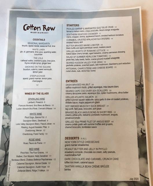 Menu at Cotton Row restaurant, Huntsville