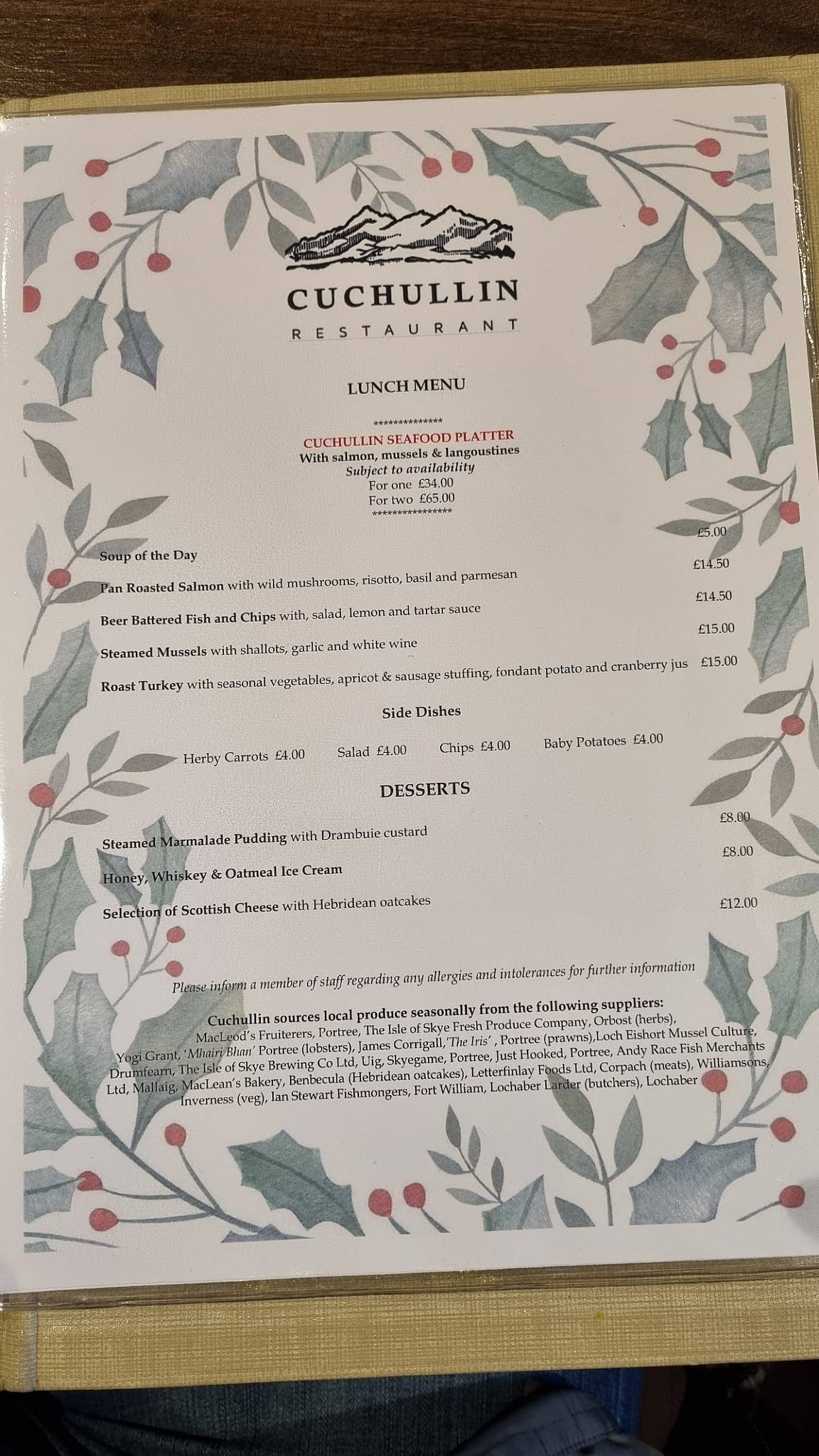 Menu at Cuchullin Restaurant, Portree