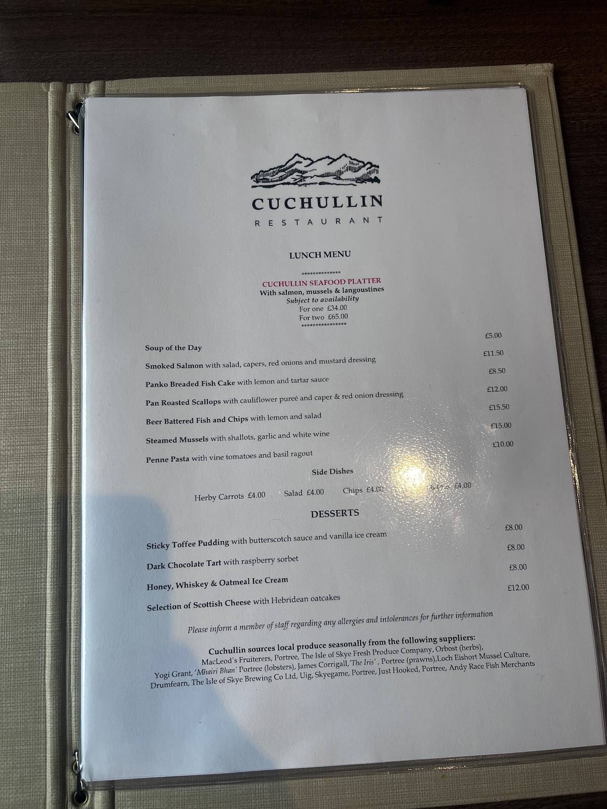 Menu at Cuchullin Restaurant, Portree