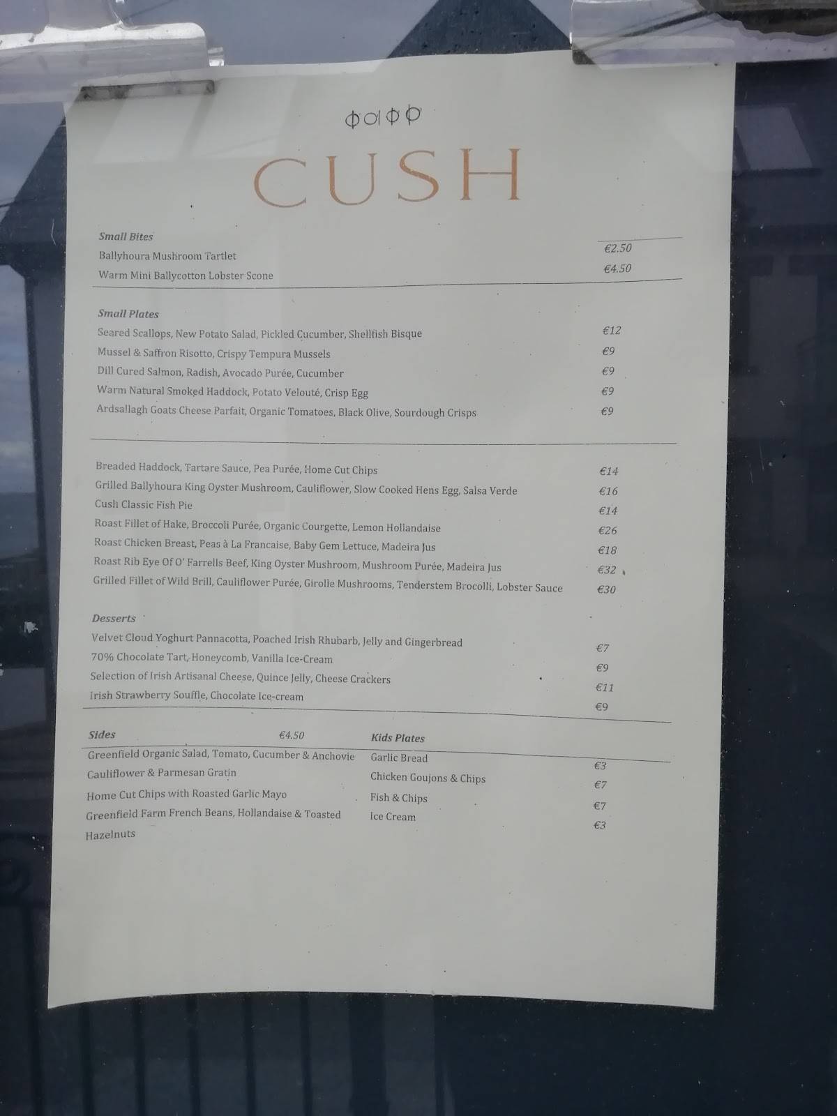 Menu at Cush restaurant, Ballycotton, The Pier