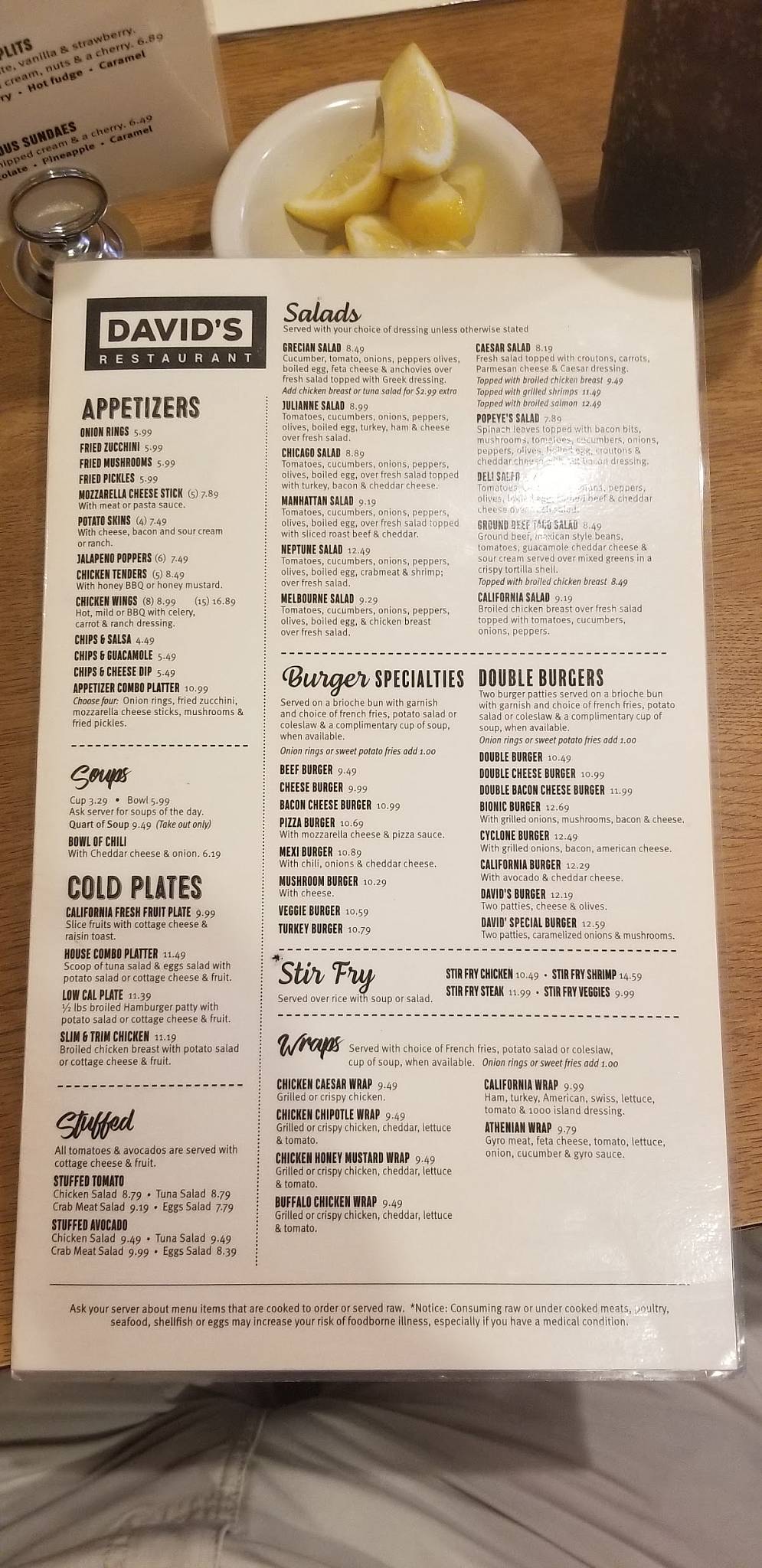 Menu at David's Restaurant, Asheboro