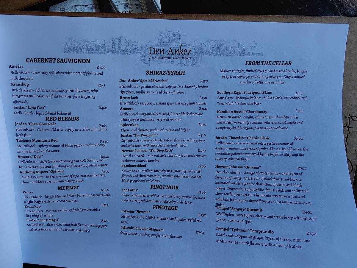 Menu at Den Anker restaurant, Cape Town