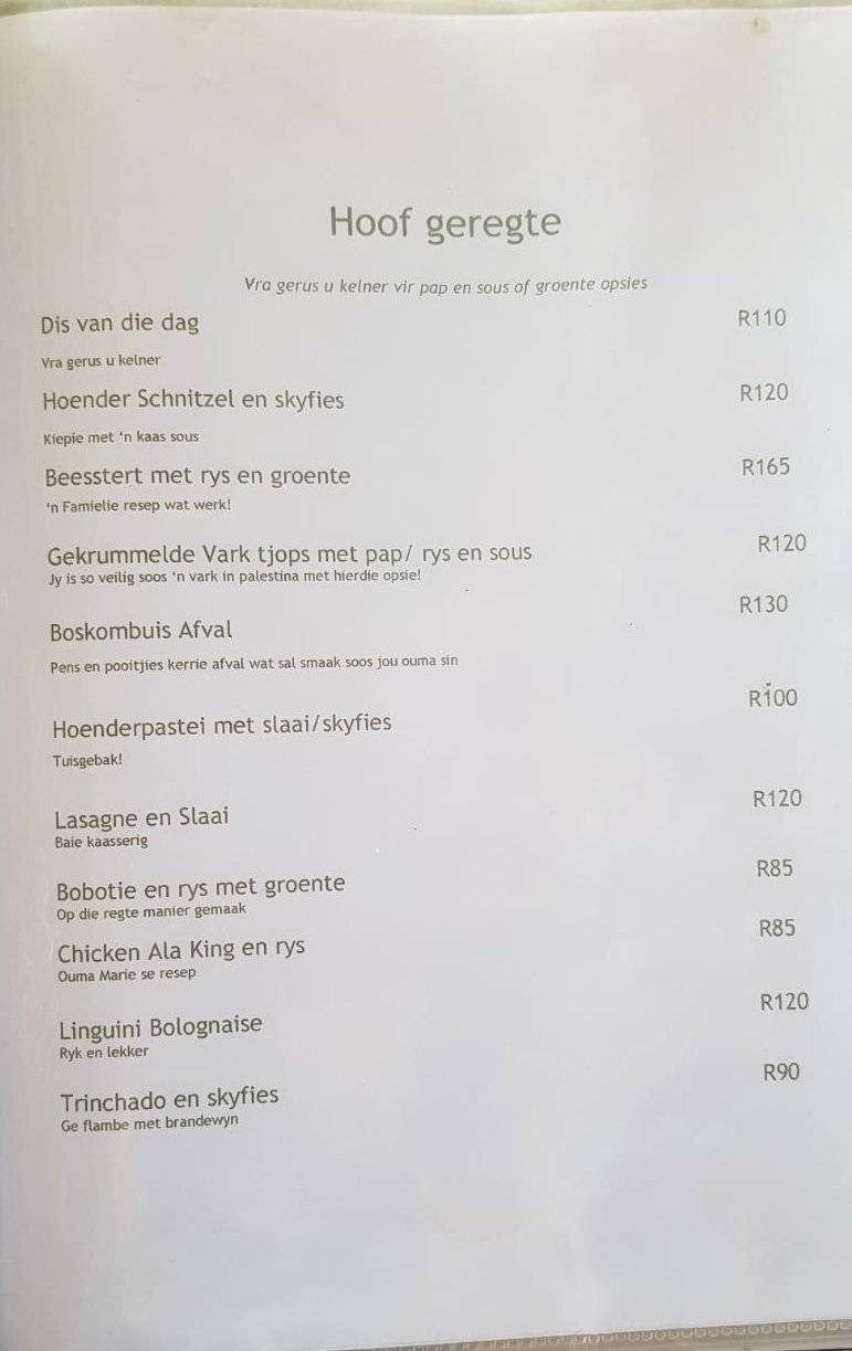 Menu at Die Boskombuis en Gastehuis restaurant, Donkerhoek