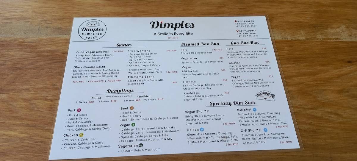 Menu at Dimples Dumpling House restaurant, Cape Town, 33 Palmer Rd