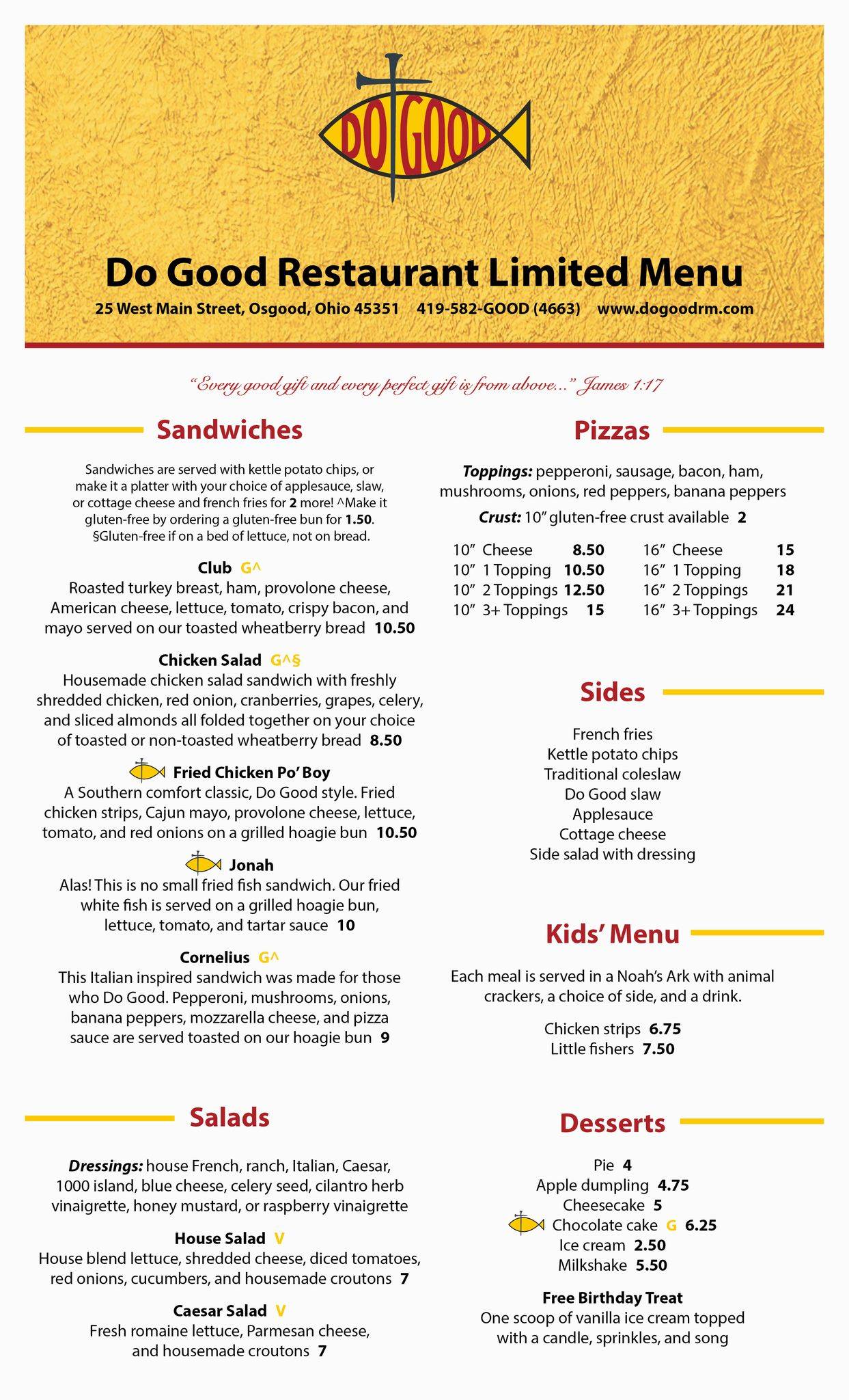 Menu at Do Good Restaurant and Ministry, Osgood, 25 Main St