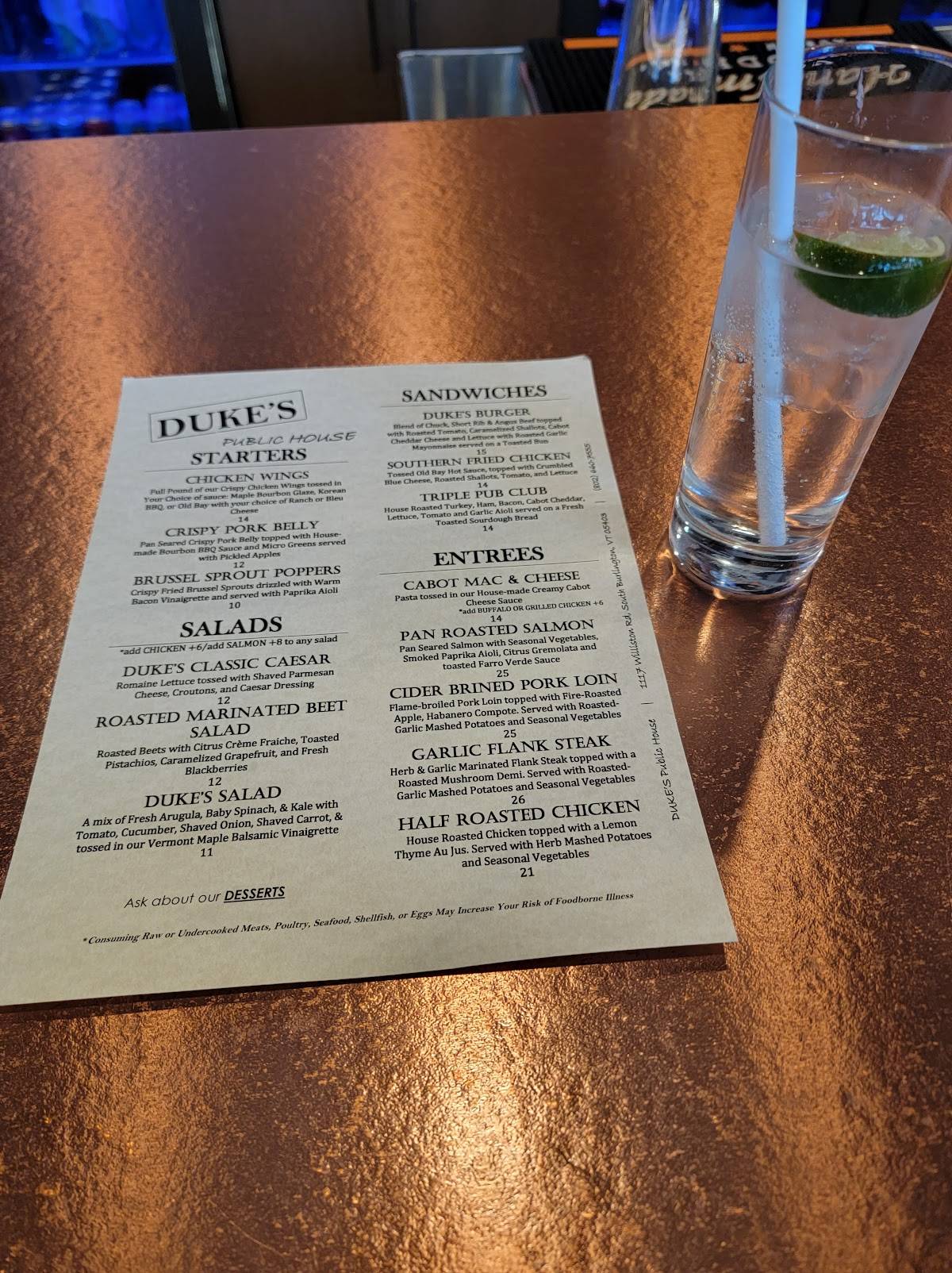 Menu at Duke's Public House, South Burlington