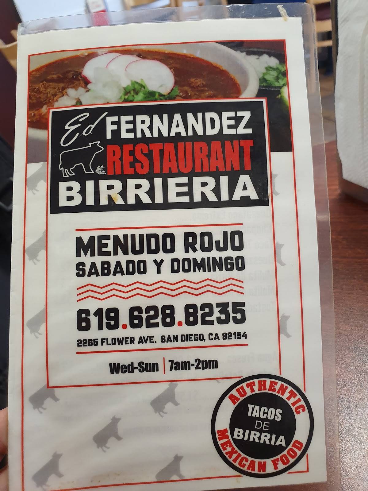 Menu at Ed Fernandez Restaurant Birrieria, San Diego