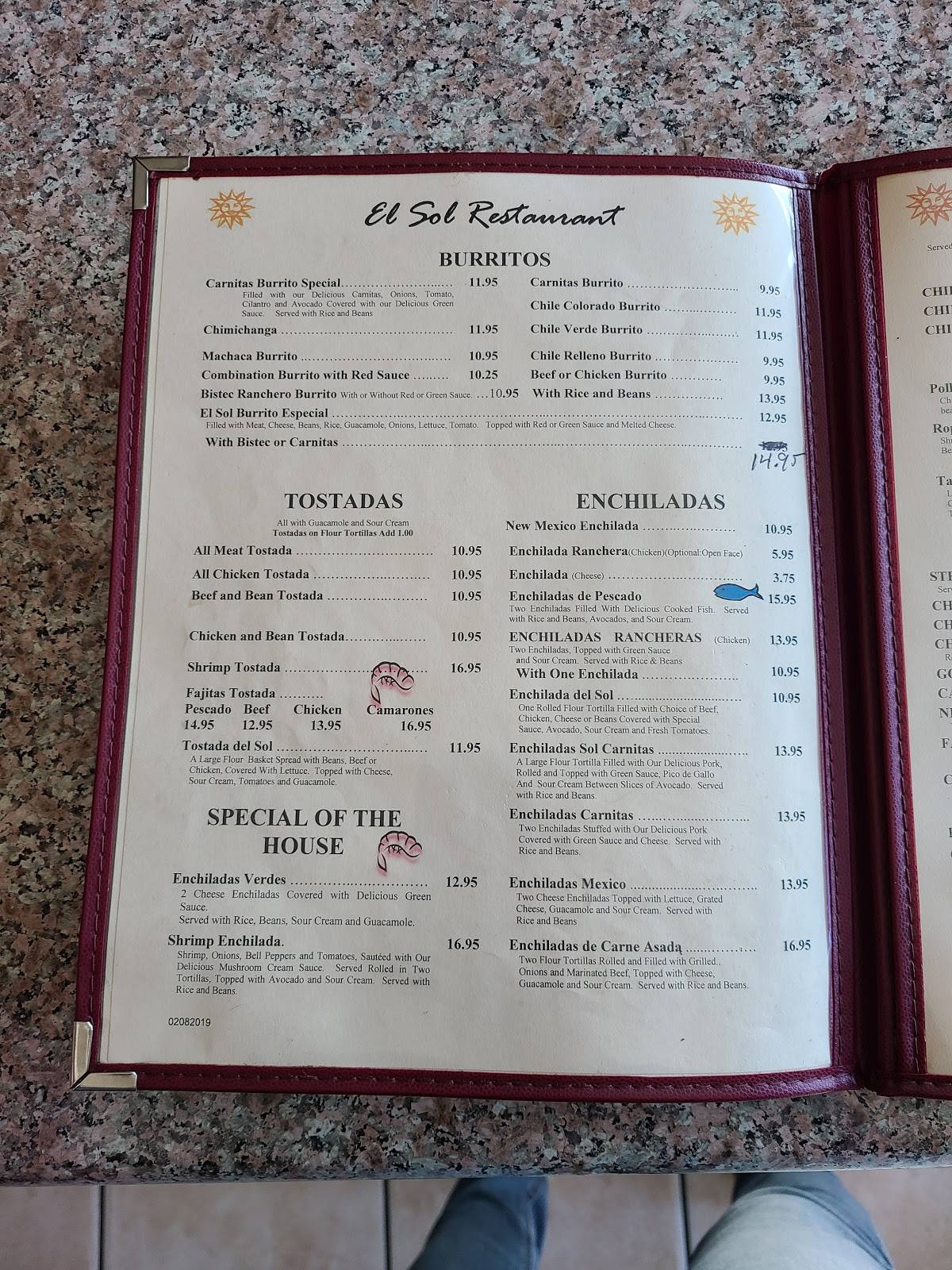 Menu at El Sol Mexican Restaurant, Glendale