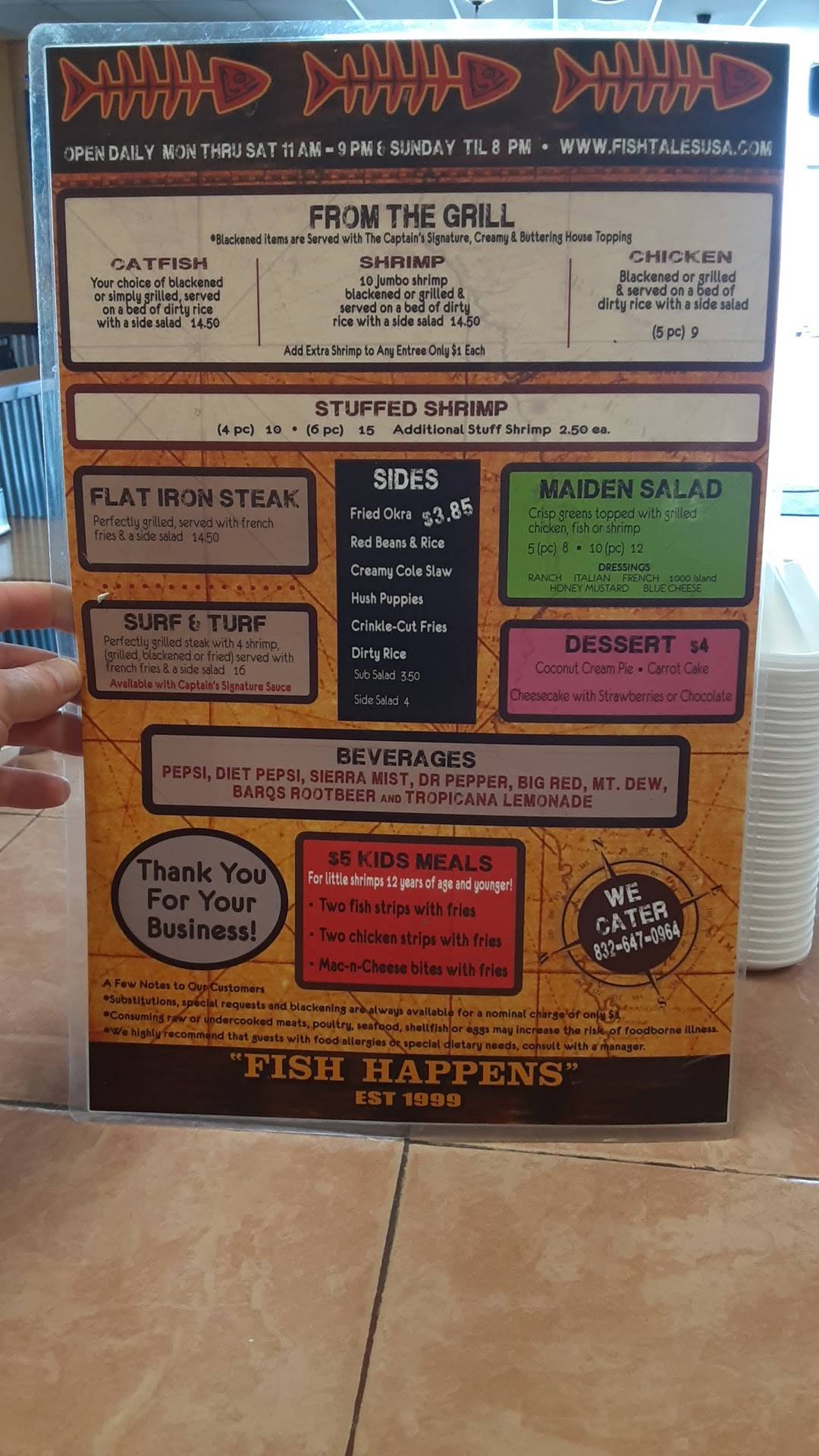 Menu at Fish Tales Seafood restaurant, Cleveland