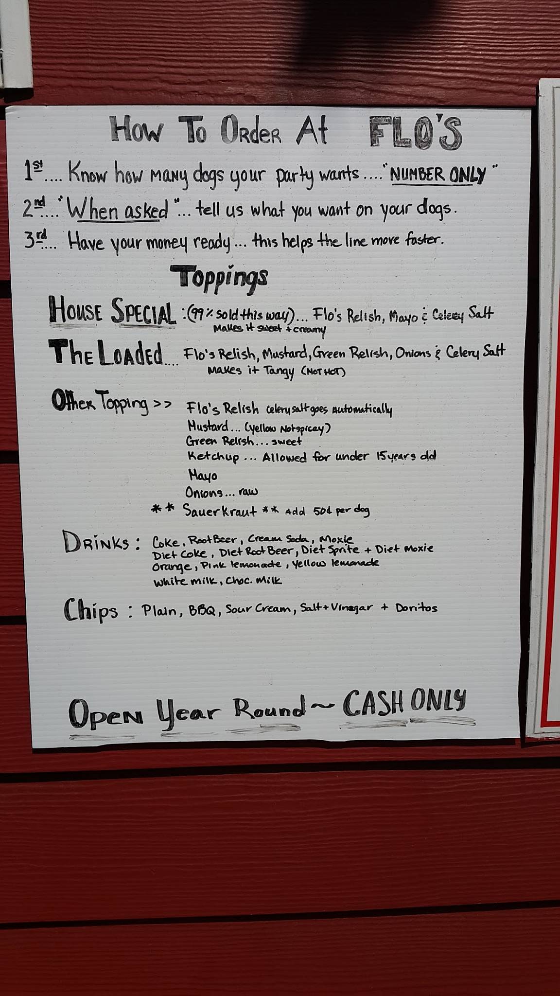 Menu at Flo's Hot Dogs restaurant, York