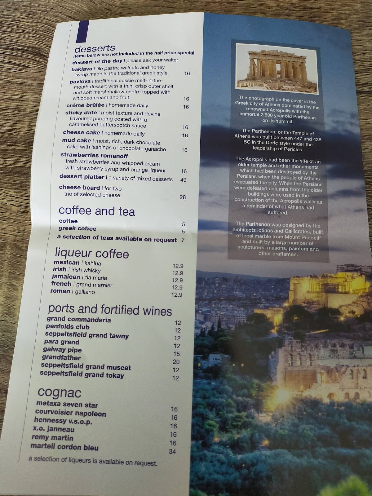 Menu at George's Paragon Coolangatta restaurant, Coolangatta, The Strand