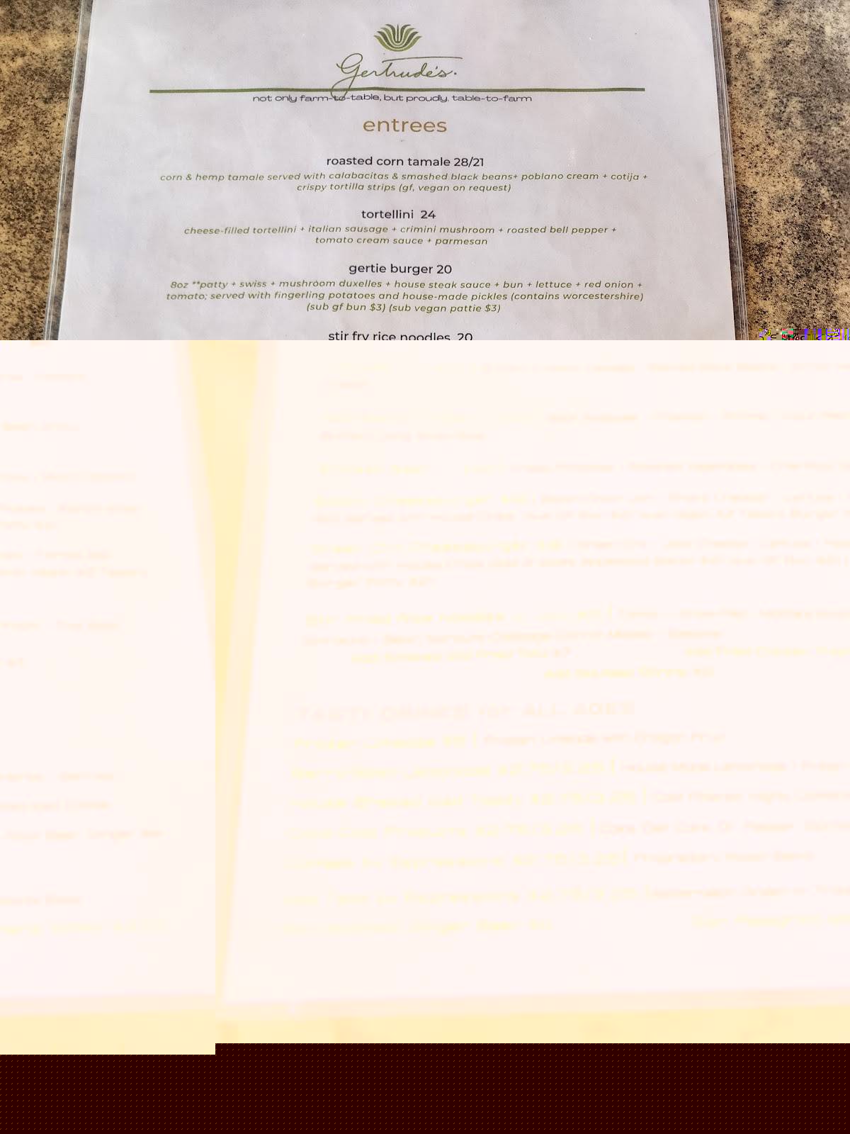 Menu at Gertrude's restaurant, Phoenix