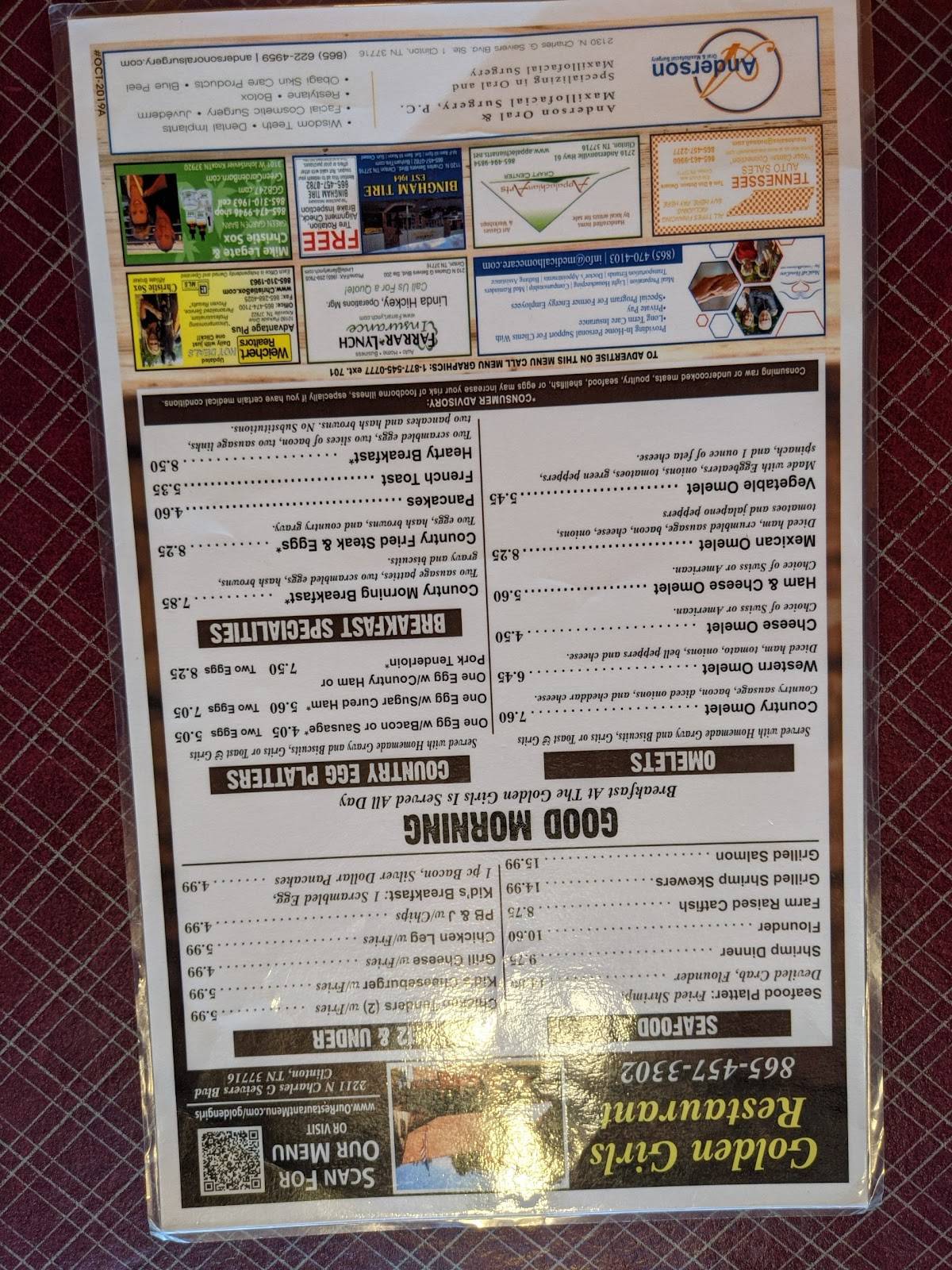 Menu at Golden Girls Restaurant, Clinton