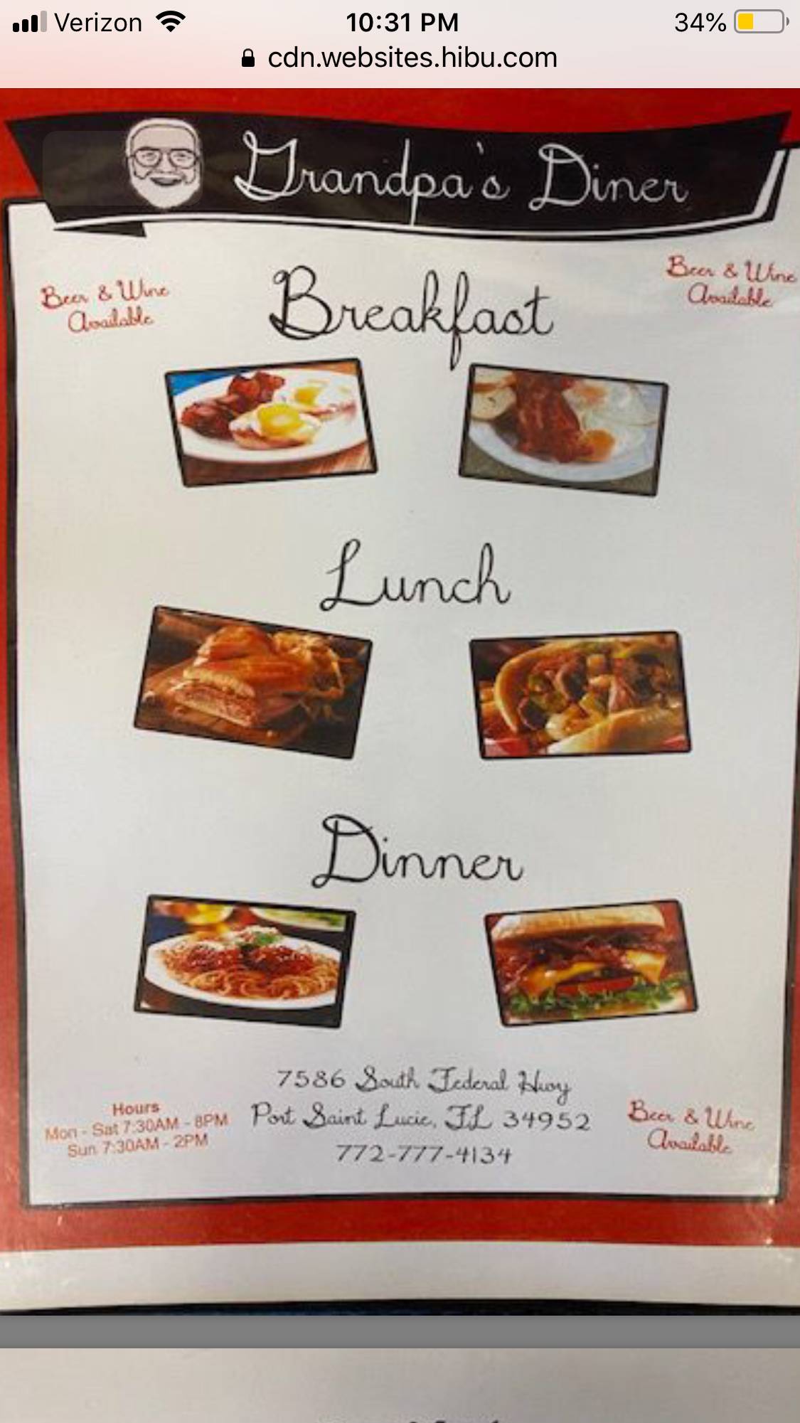 Menu at Grandpa's Diner restaurant, Port St. Lucie