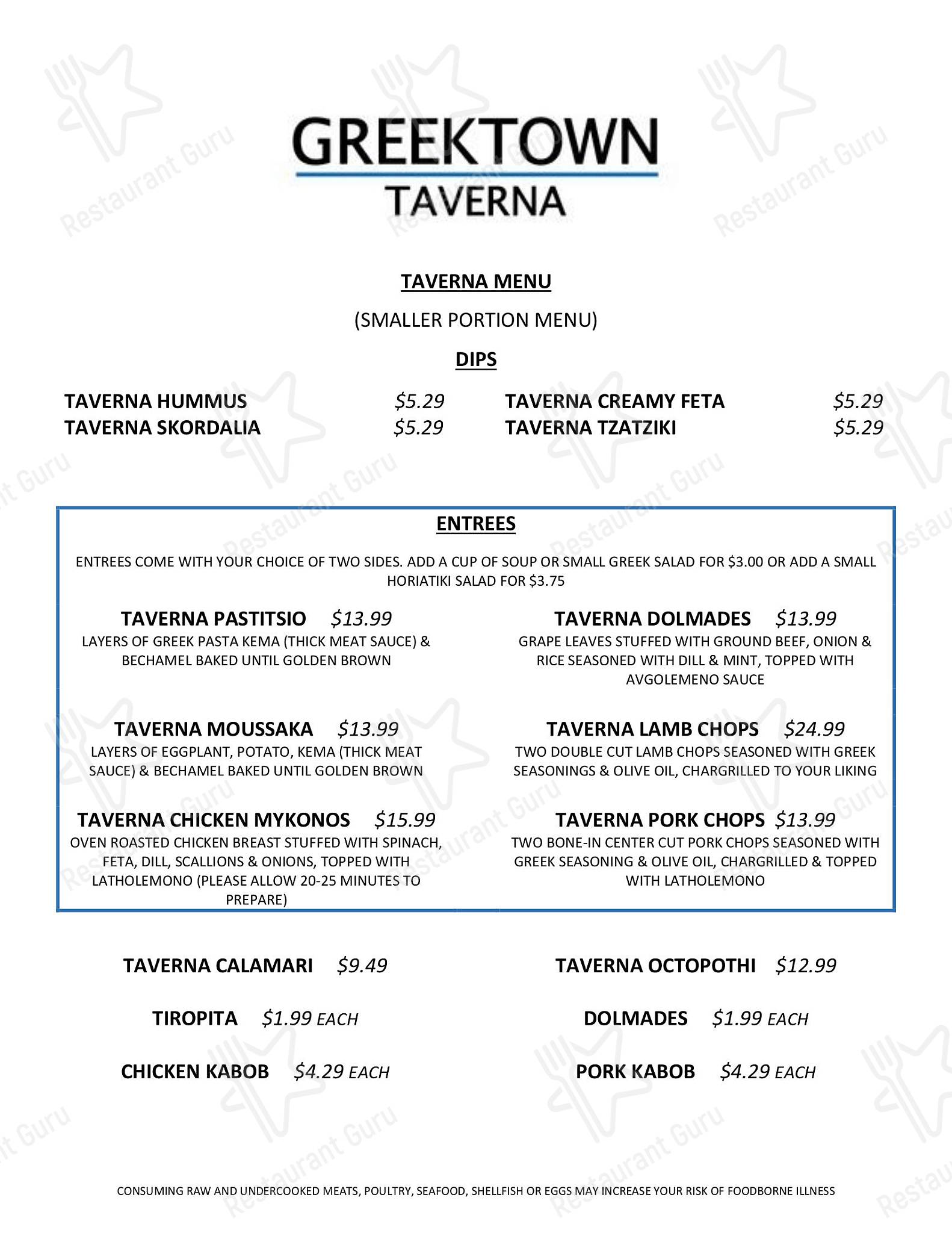 Menu at Greektown Taverna restaurant, Ormond Beach