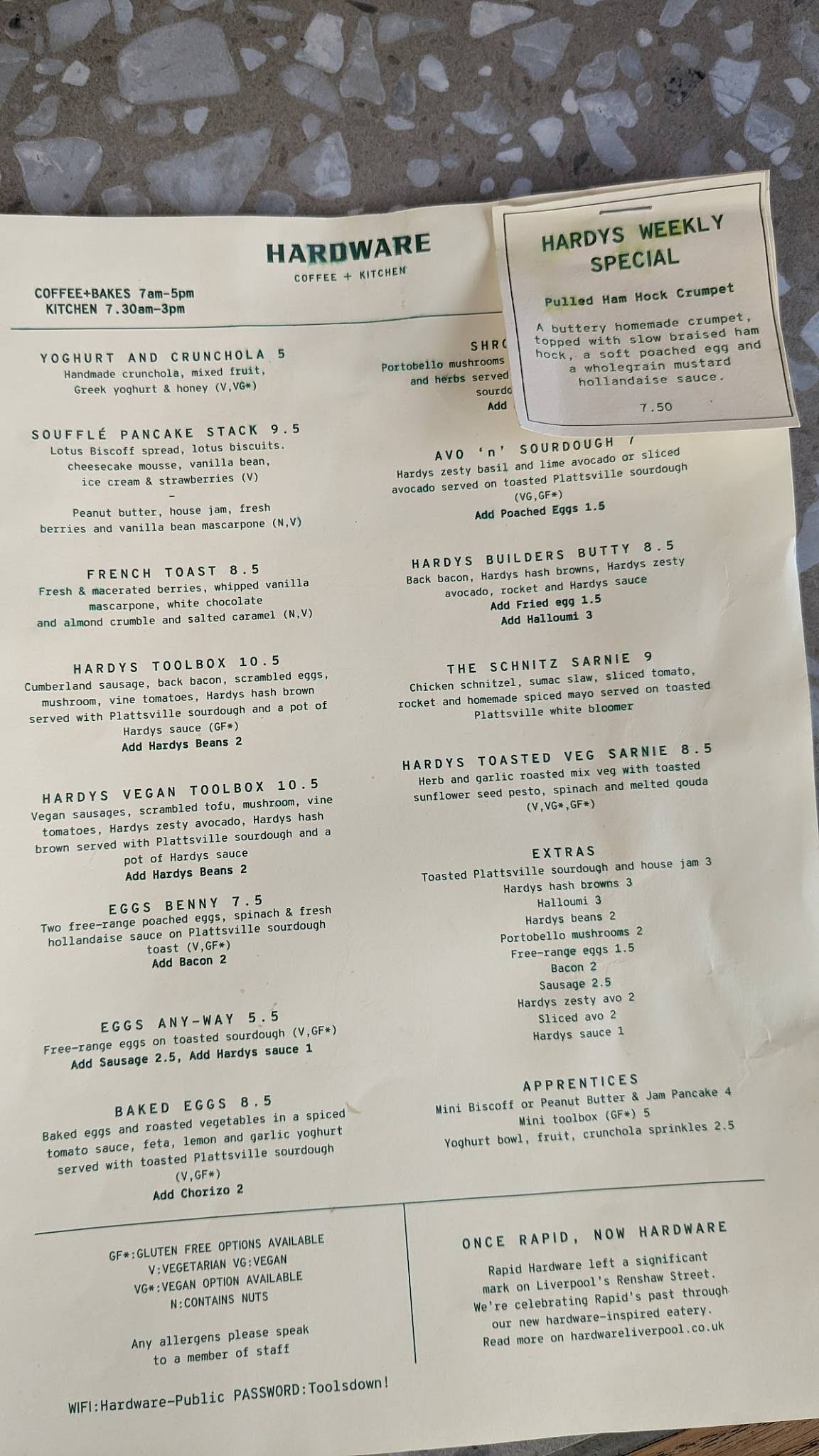 Menu at Hardware Coffee + Kitchen restaurant, Liverpool