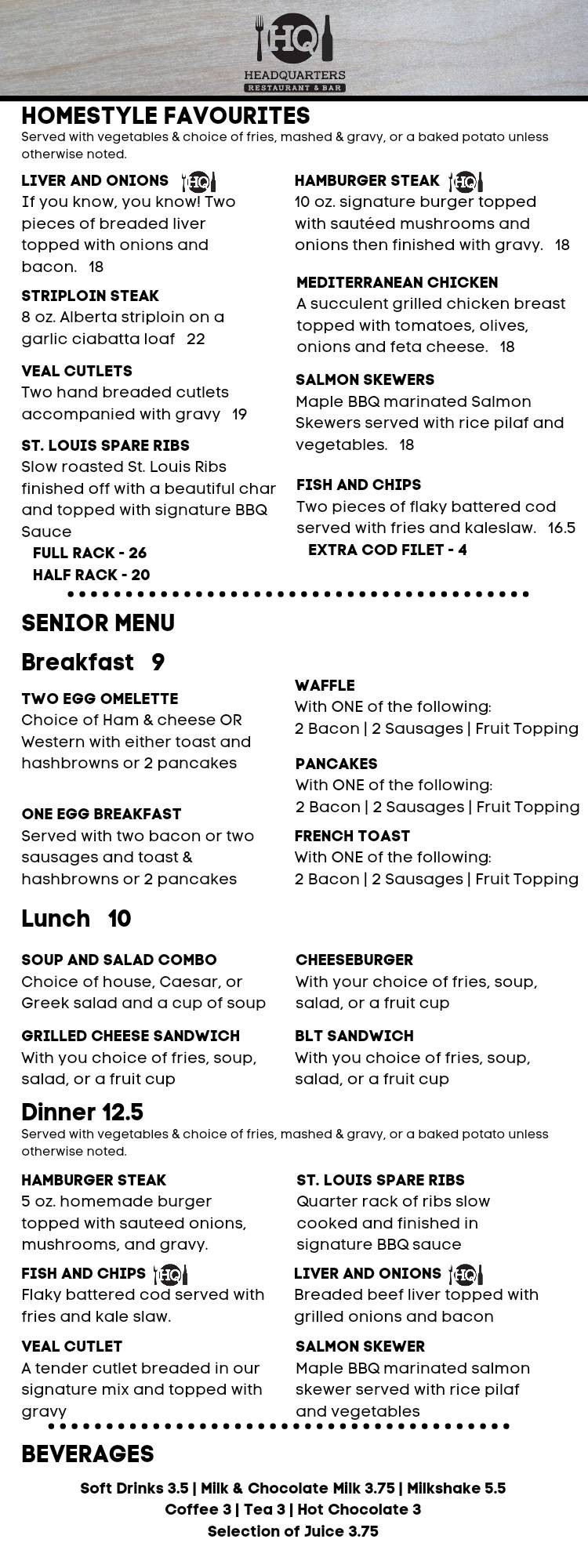 Menu at Headquarters Restaurant and Bar, Sherwood Park