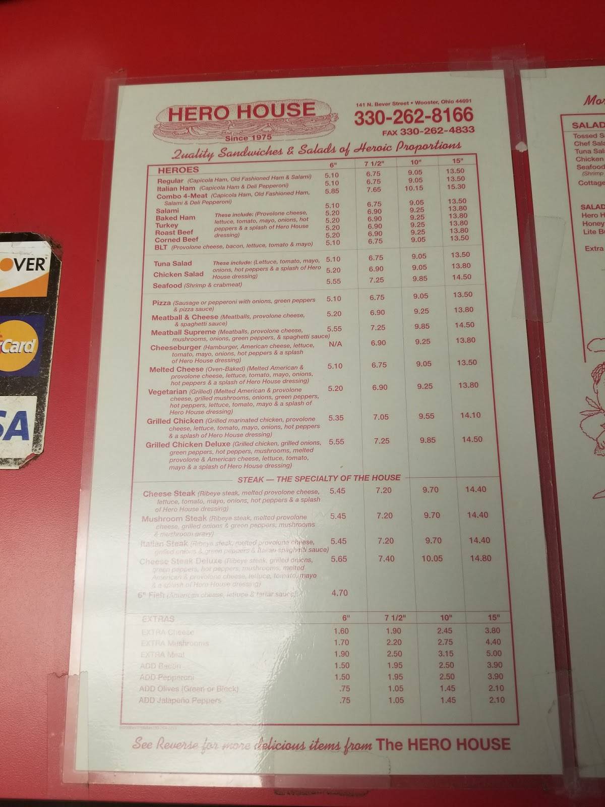 Menu at Hero House restaurant, Wooster